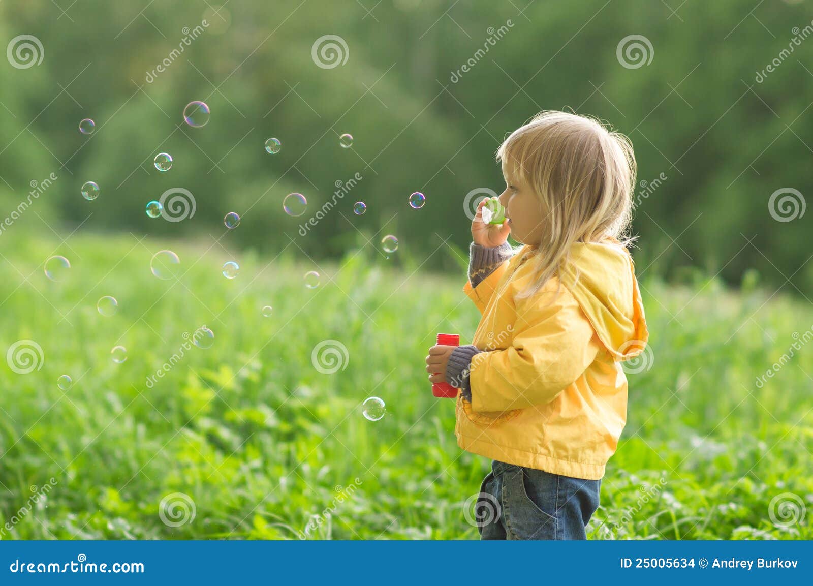 Adorable Baby Blow Soap Bubbles in Park Stock Photo - Image of grass ...