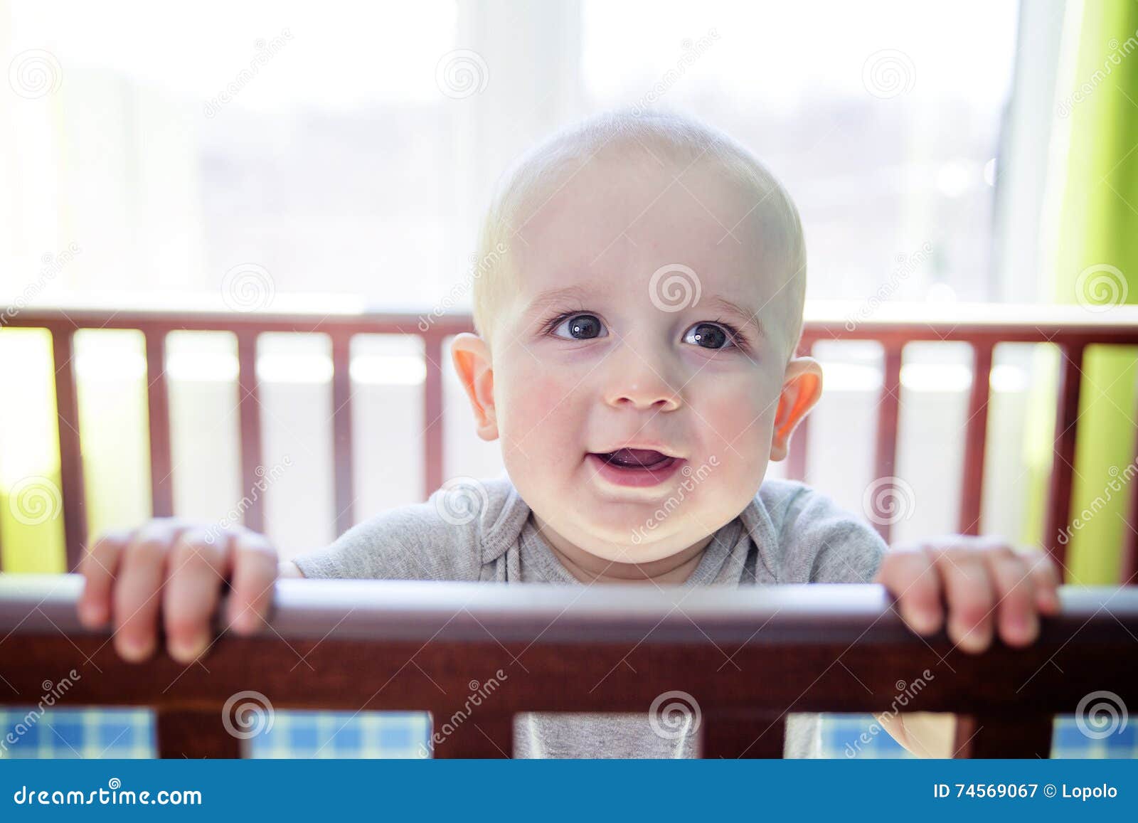 Adorable Baby Boy in His Crib Stock Image - Image of cradle, blanket ...