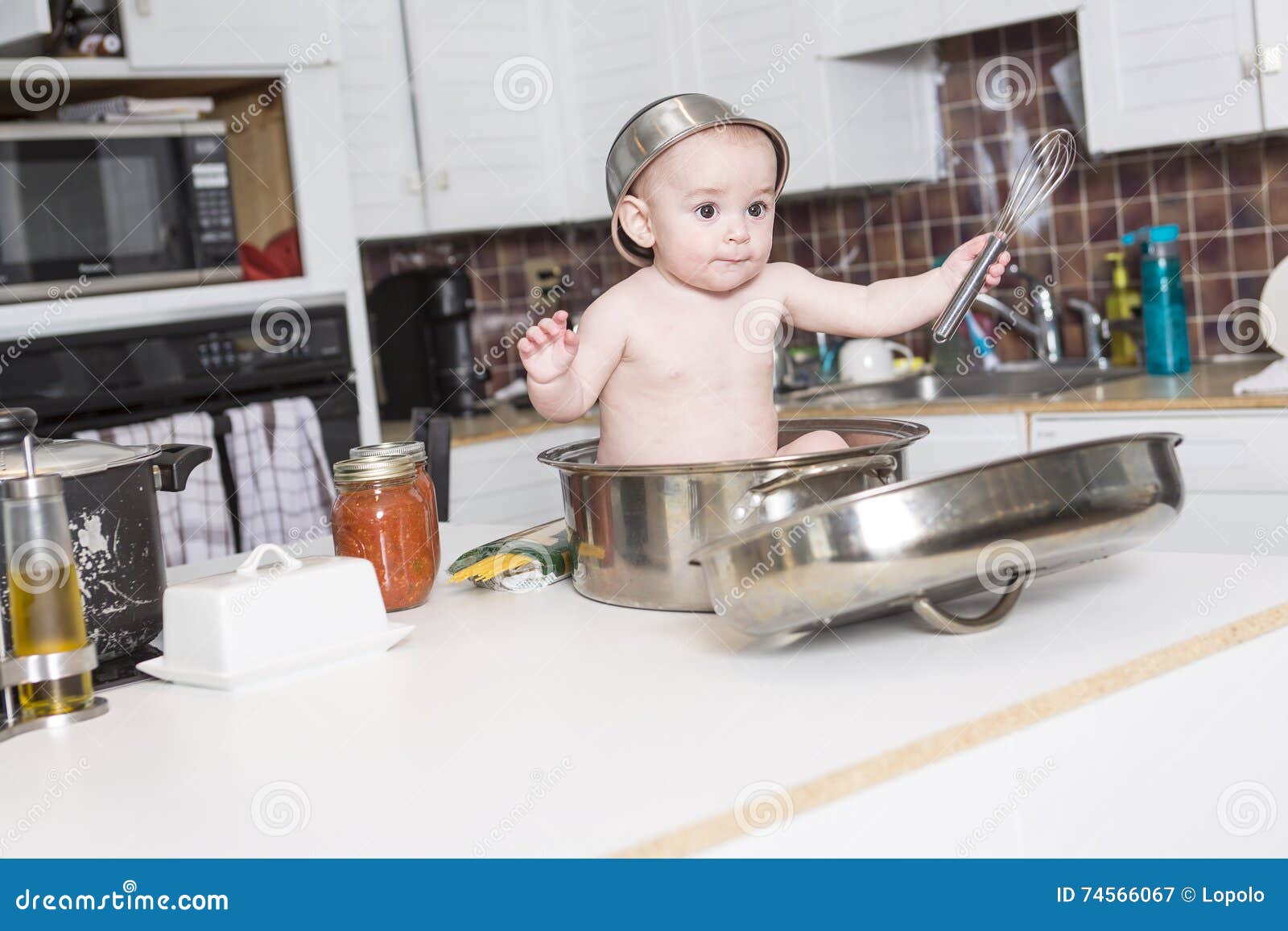 Adorable Baby Cooking in Kitchen Stock Image - Image of face, life ...