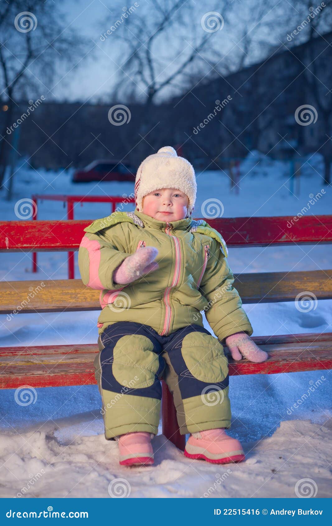 Adorable Baby Sit on Bench on Playground Stock Photo - Image of plastic ...