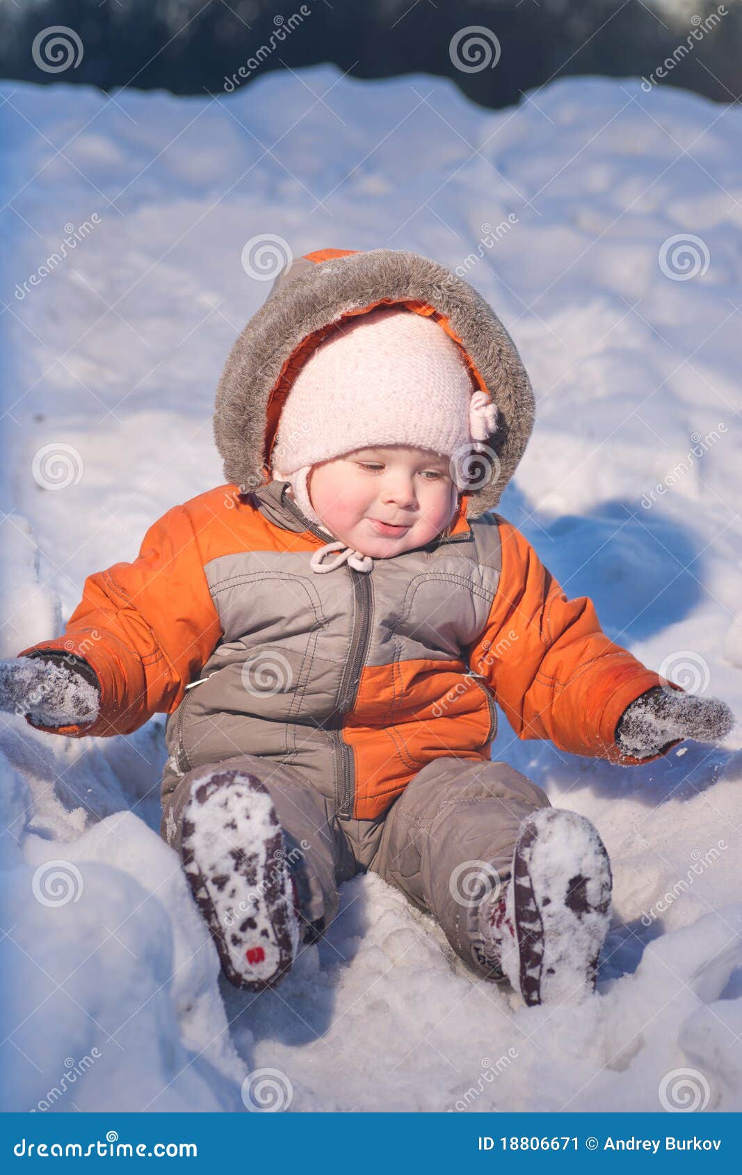 Adorable Baby Sliding Down from Snow Hill Stock Image - Image of ...