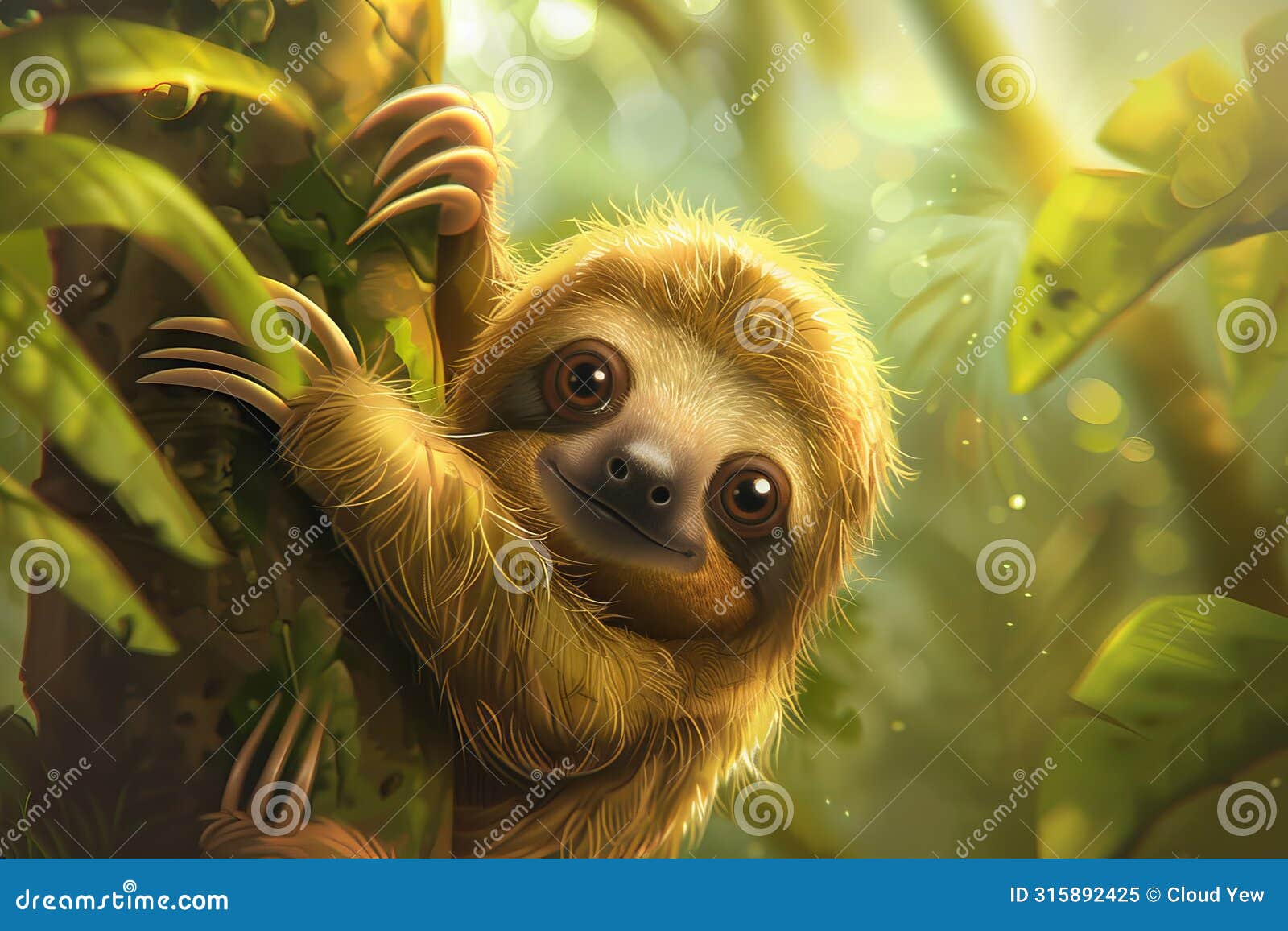 Adorable Baby Sloth Clinging To a Tree Stock Illustration ...