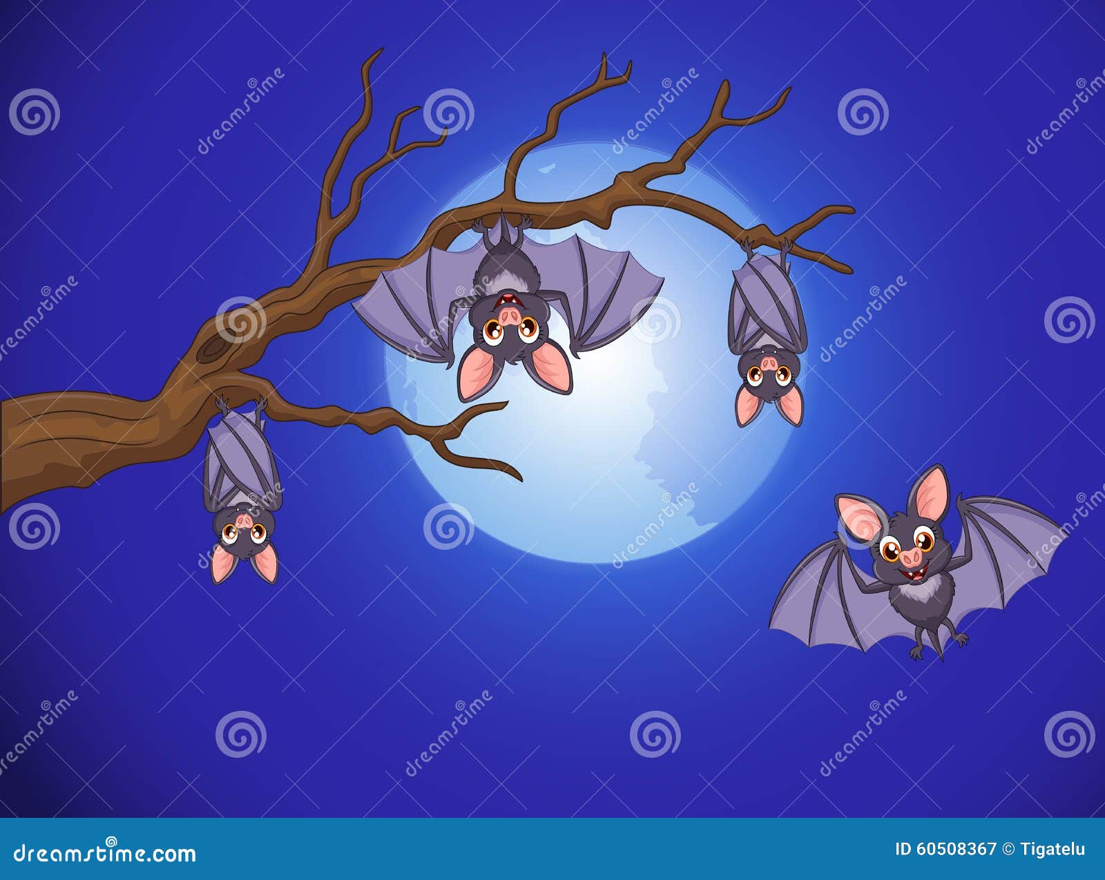 Adorable Bat Cartoon Sleeping and Fly at Night with Full Moon ...