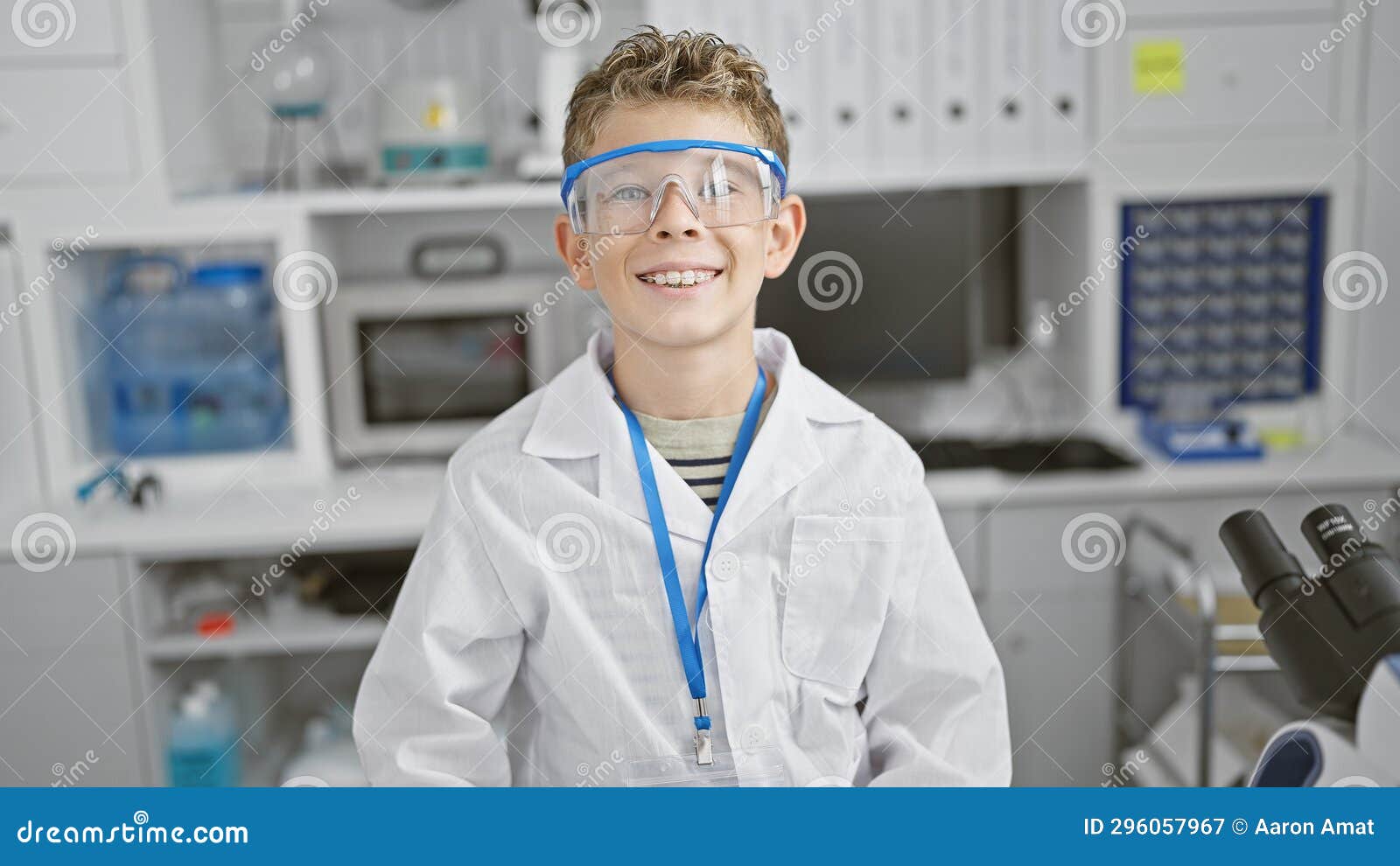 Adorable Blond Boy Scientist, Confidently Smiling while Working on an ...