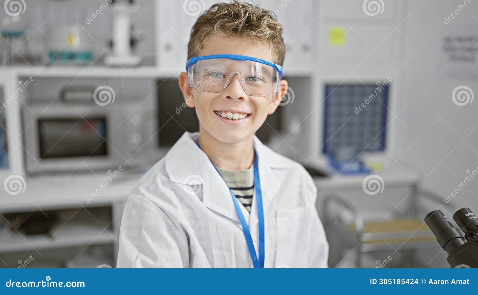 Adorable Blond Boy Scientist, Confidently Smiling while Working on an ...