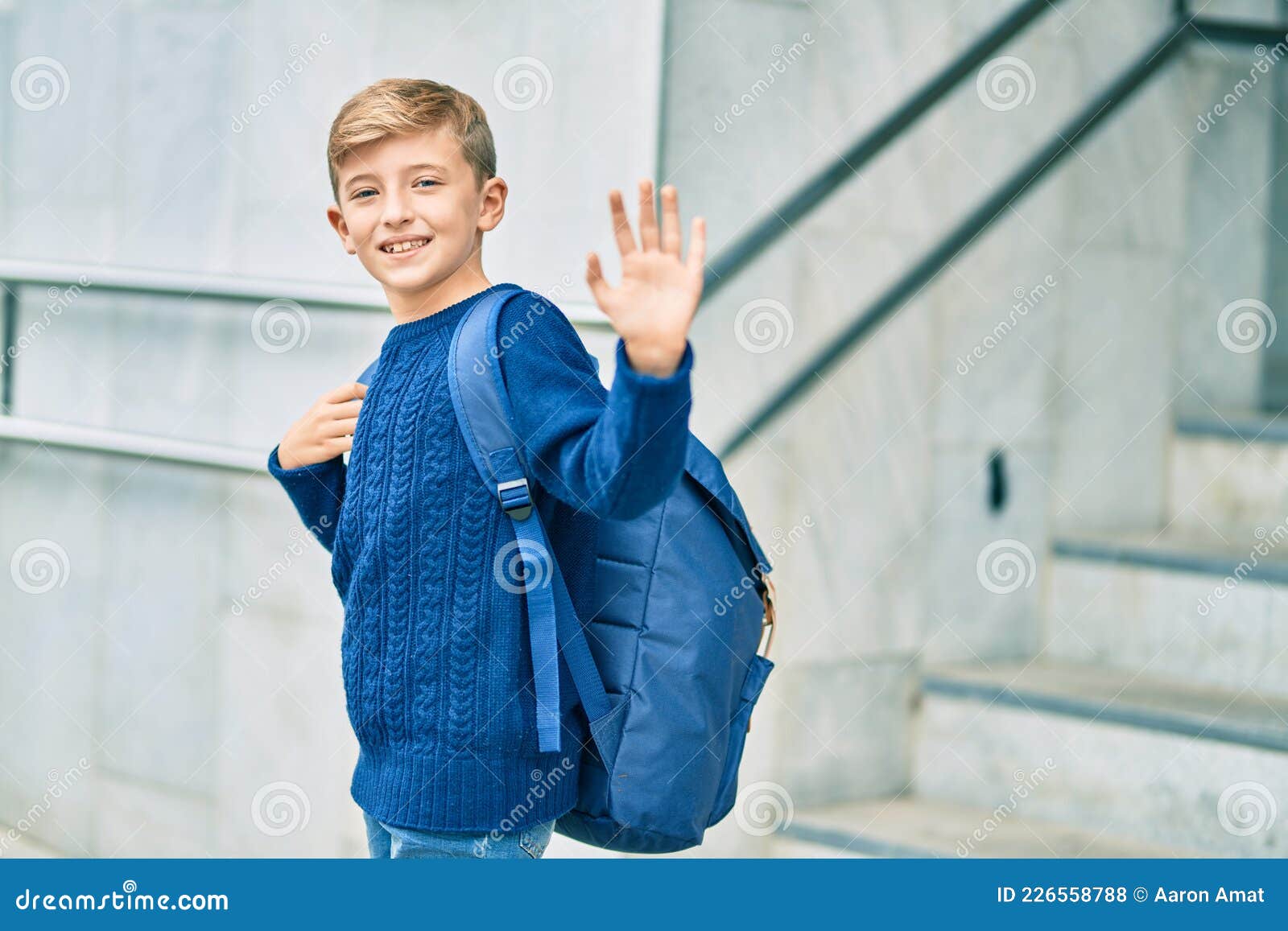 Adorable Blond Student Kid Saying Goodbye with Hand Getting in the ...