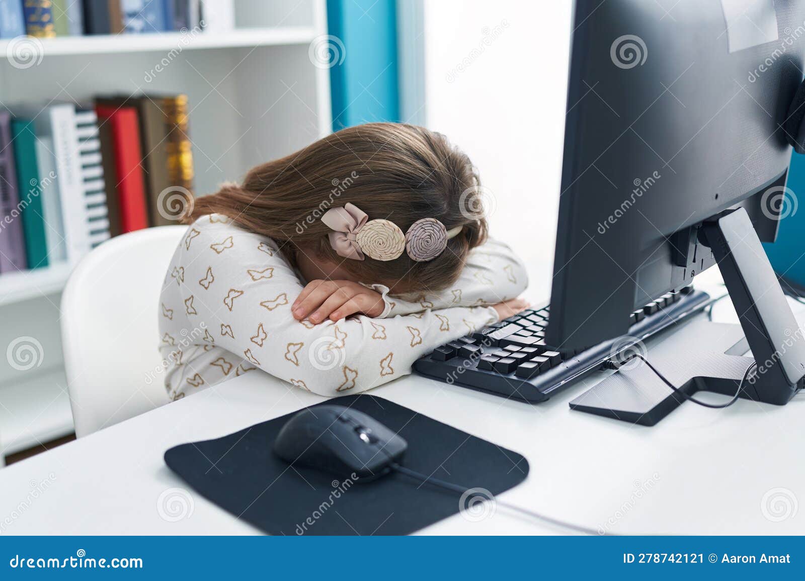 Adorable Blonde Girl Student Stressed Using Computer at Classroom Stock ...