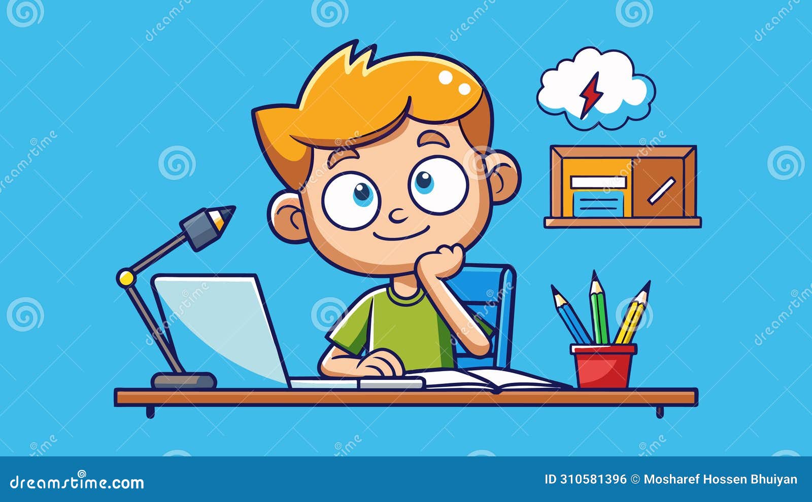 Adorable Boy Contemplating Classroom Tasks Vector Art Inspiration Stock ...