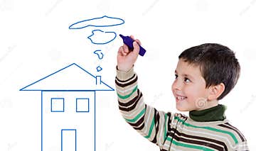 Adorable Boy Drawing a House Stock Image - Image of childhood, isolated ...