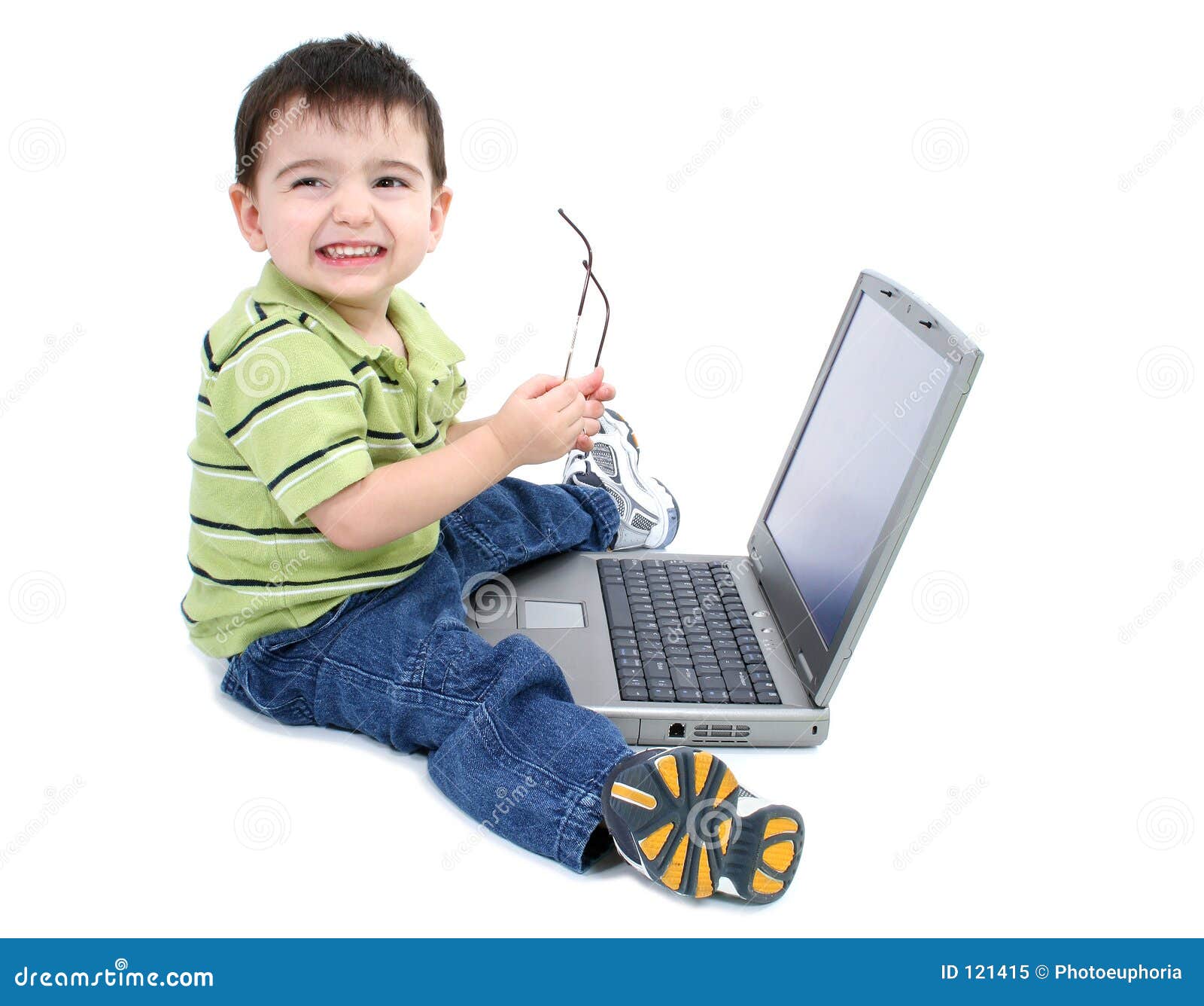 Adorable Boy with Glasses Working on Laptop Over White Stock Image ...
