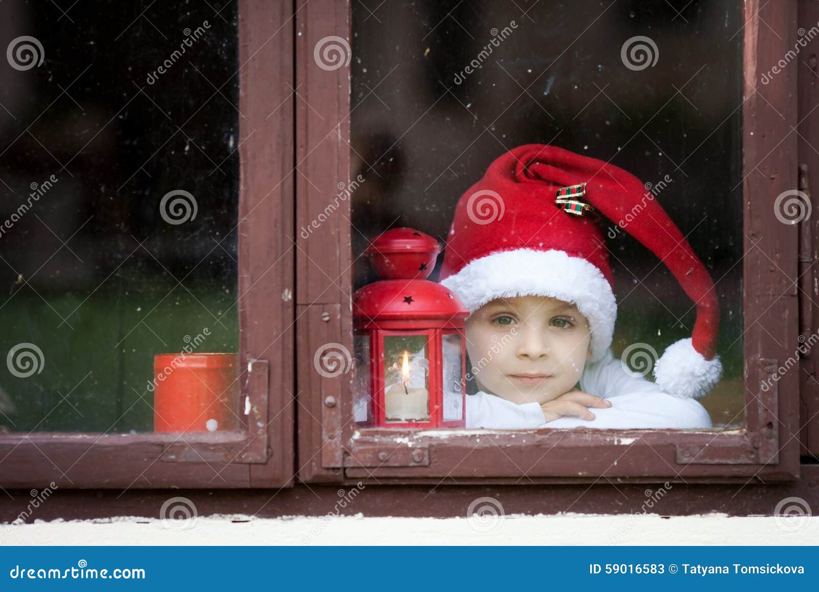 Adorable Boy, Looking through Window, Waiting for Santa Stock Image ...