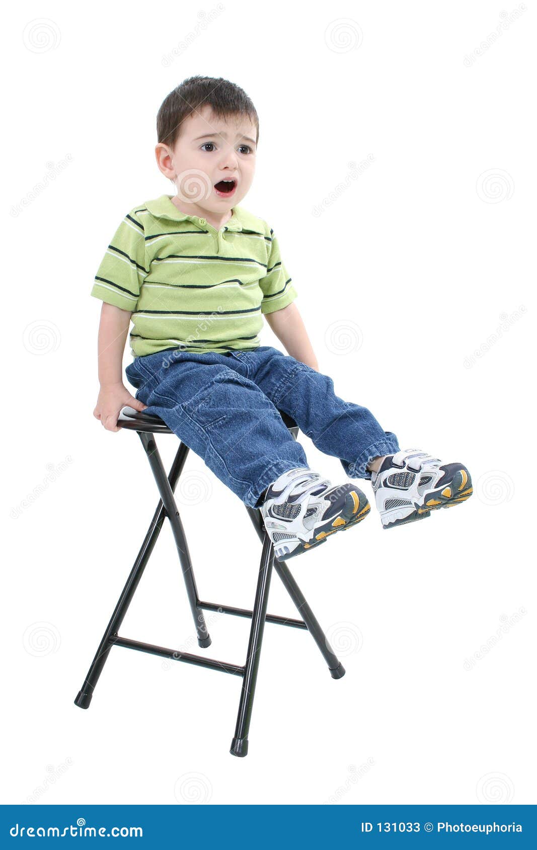 Adorable Boy Sitting on Stool with Upset Expression Stock Image - Image ...