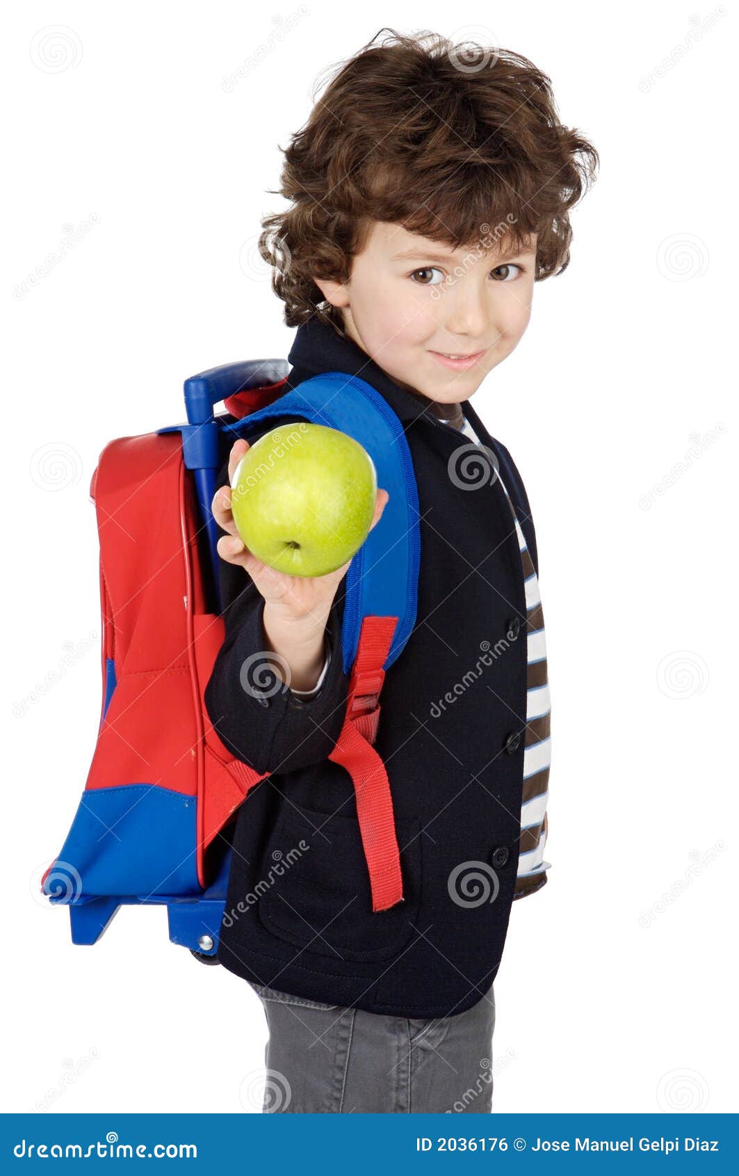 Adorable Boy Student with Knapsack and Apple Stock Photo - Image of ...