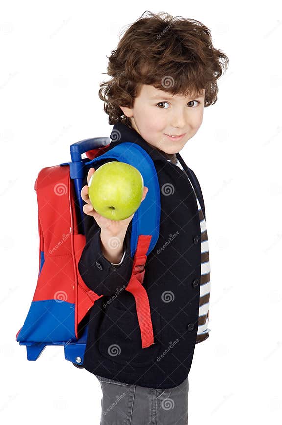 Adorable Boy Student with Knapsack and Apple Stock Photo - Image of ...