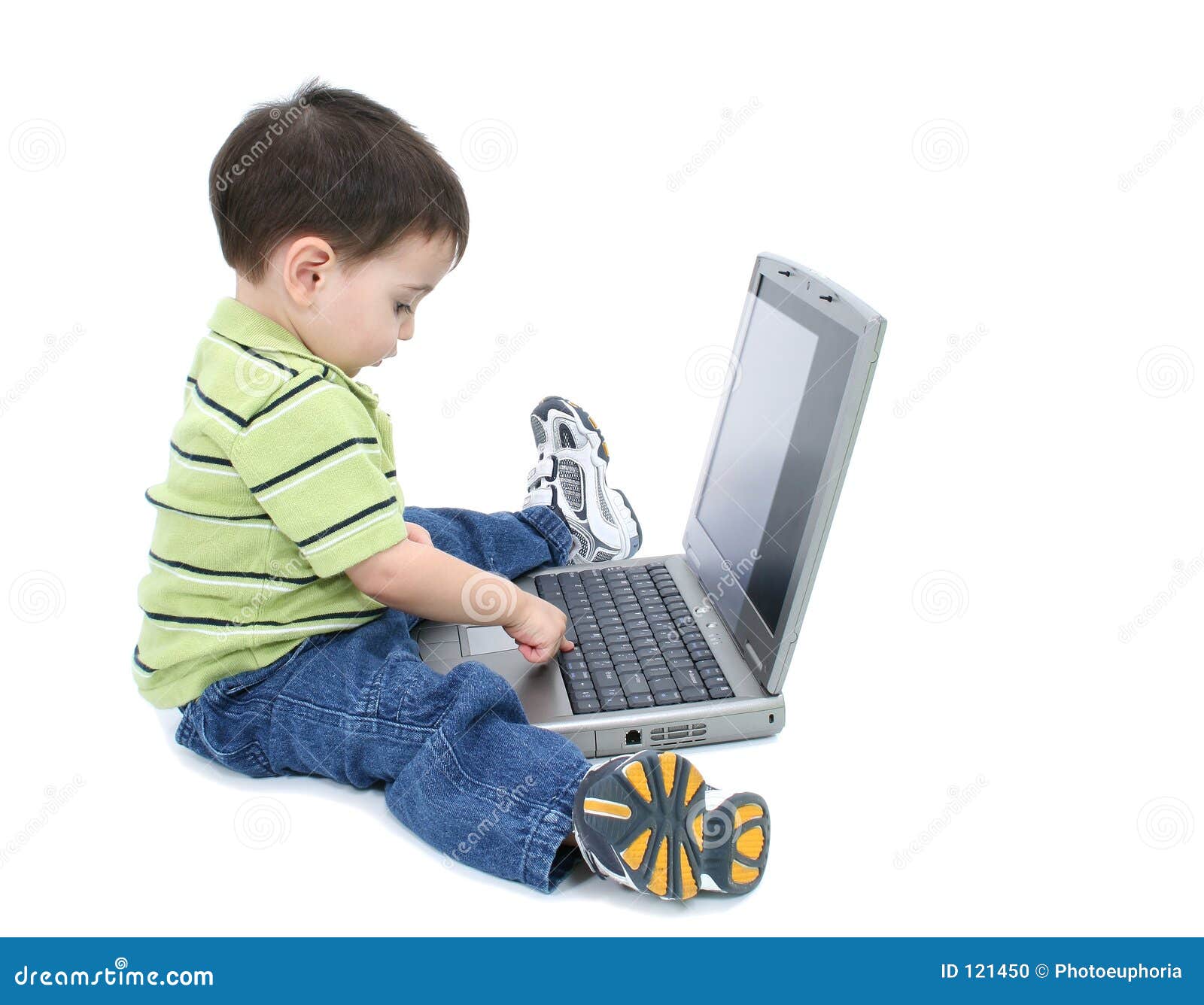 Adorable Boy with Working on Laptop Over White Stock Photo - Image of ...