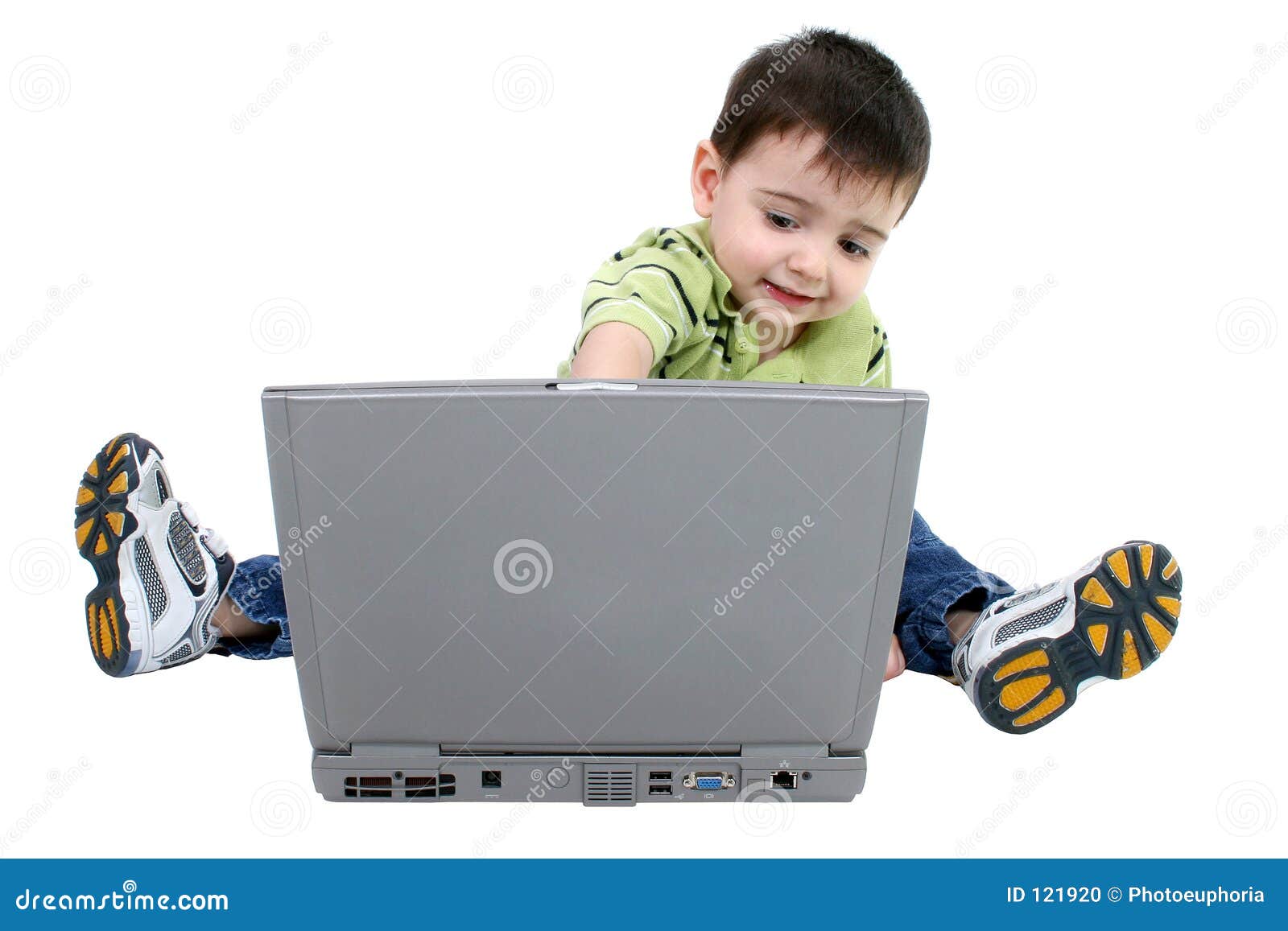 Adorable Boy Working on Laptop Over White Stock Photo - Image of ...