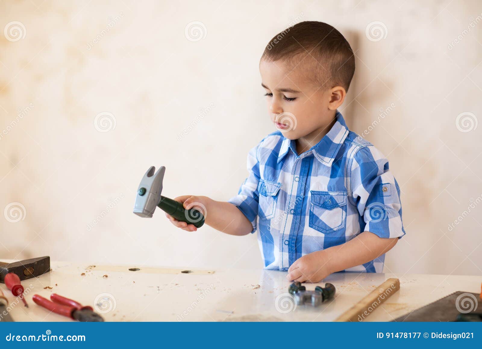 Adorable Boy Working with Wood in Workshop Stock Image - Image of nail ...