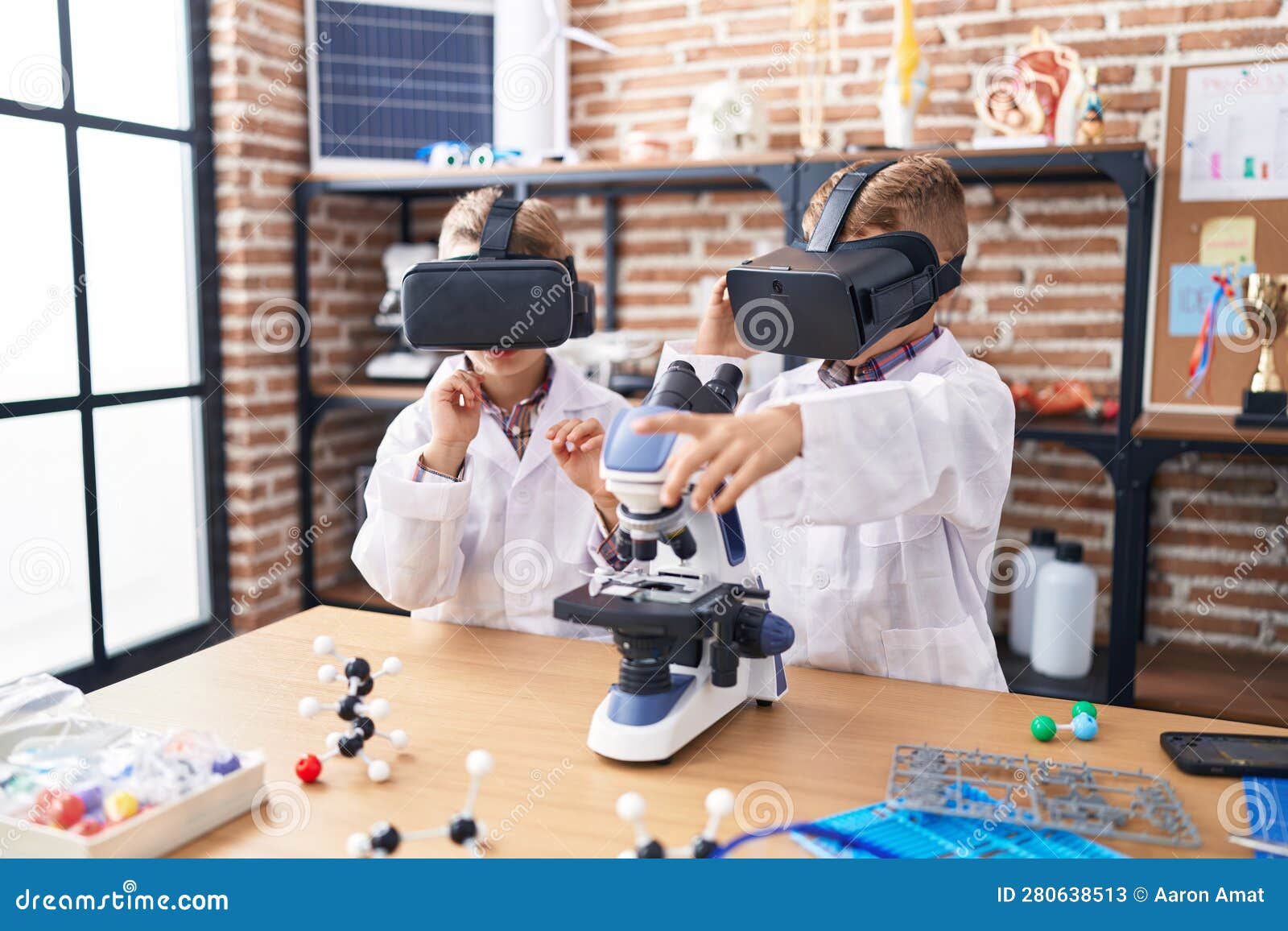 Adorable Boys Scientist Student Using Virtual Reality Glasses at ...