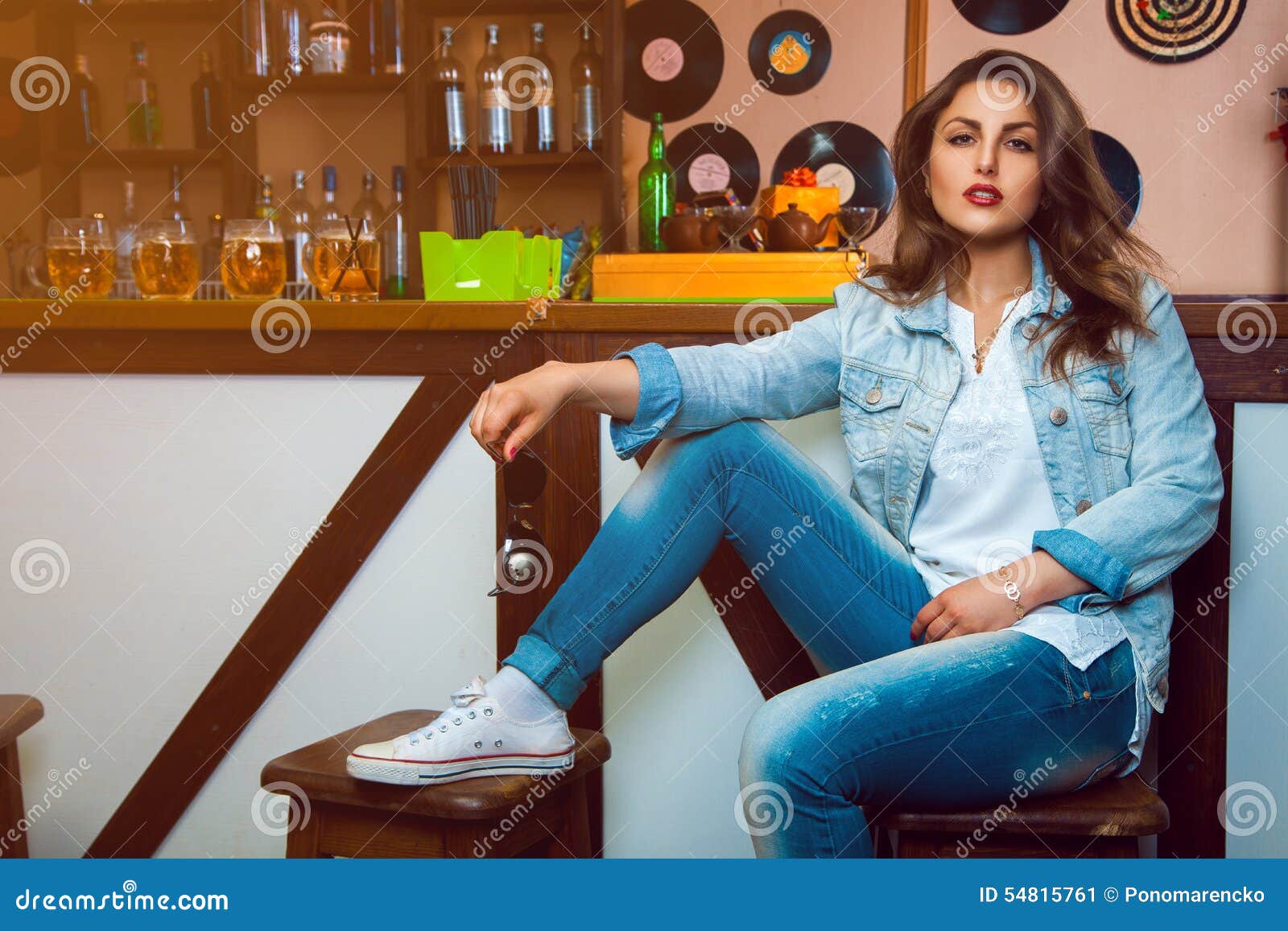 Adorable Brunette In Casual Jeans Look Behind Bar Table Stock Image Image Of Club Glamour