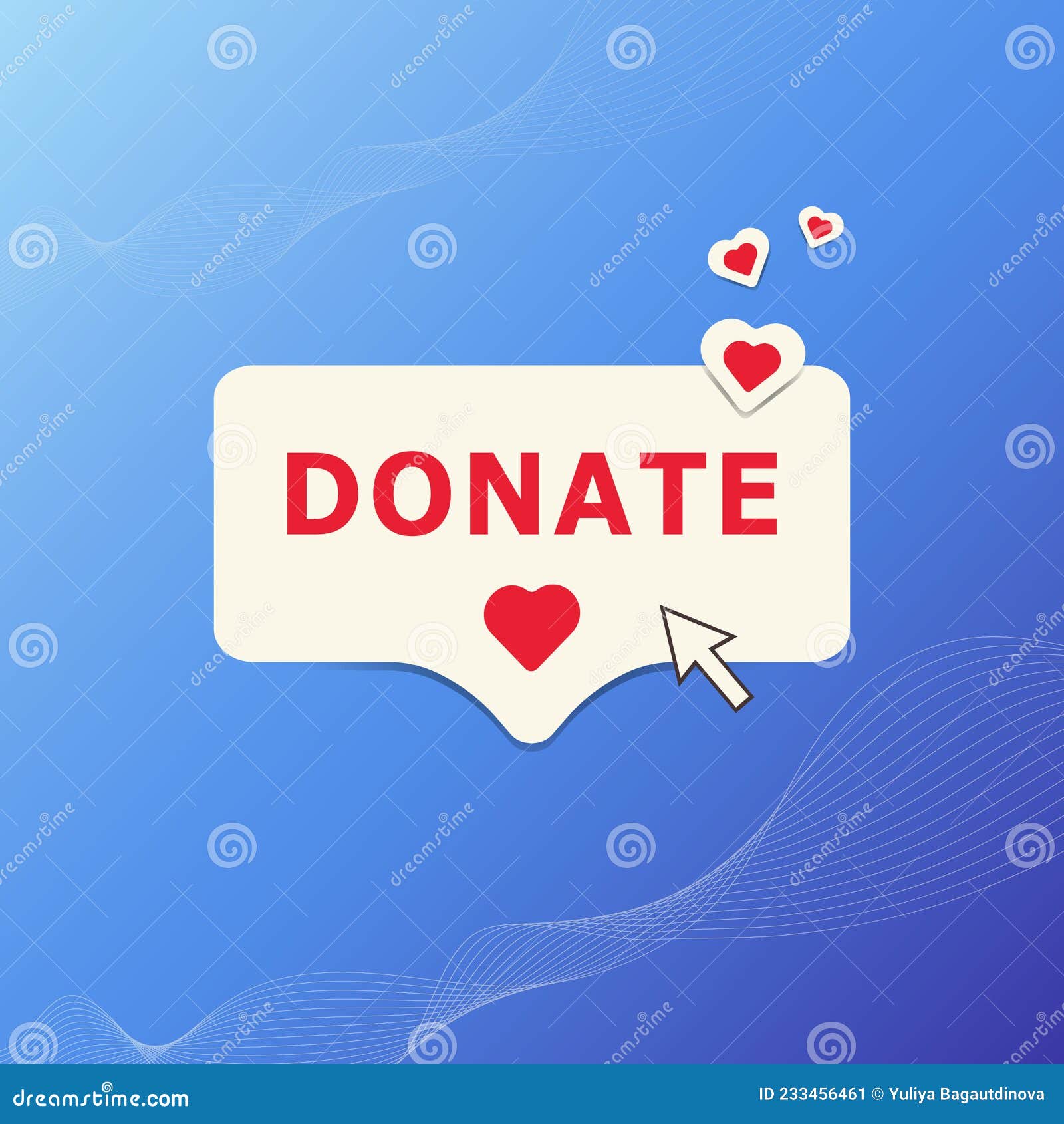 Donate Button on Blue Background with Hearts, Waves and Arrow. Stock ...