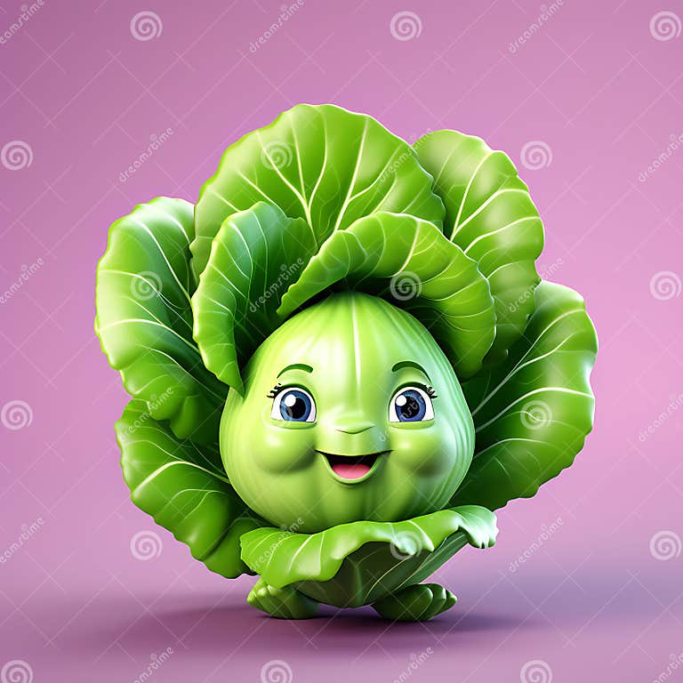 Adorable Cabbage: 3D Render of a Cute Cabbage Isolated Against a Solid ...