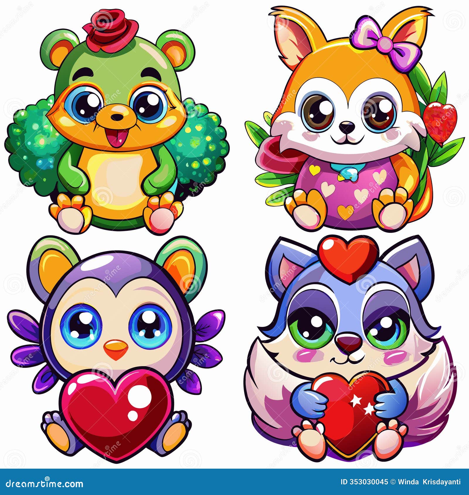 Adorable Cartoon Animals with Hearts. (2 Stock Vector - Illustration of ...