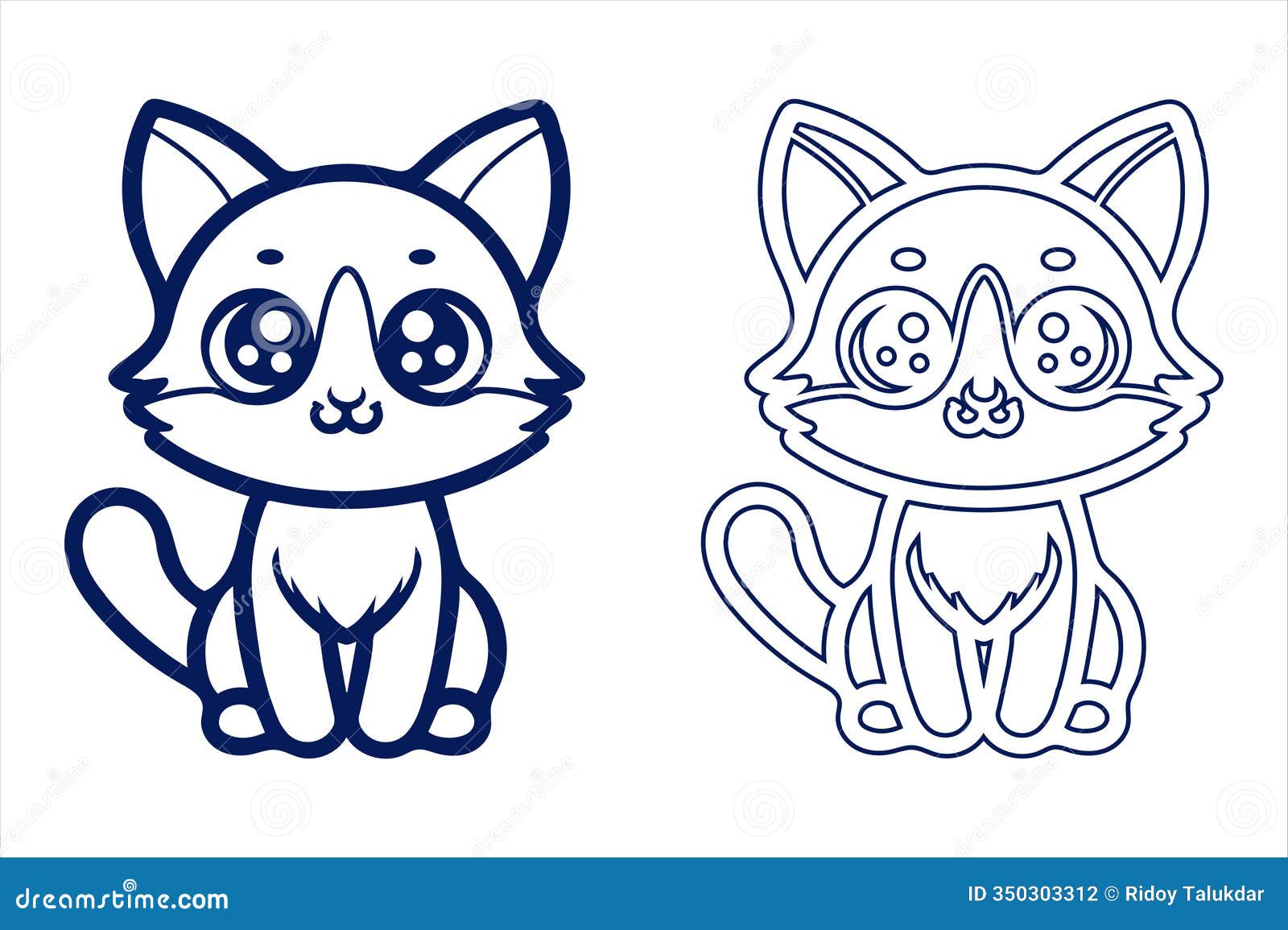 Adorable Cartoon Cat Vector in Black Outline and Filled Style Stock ...
