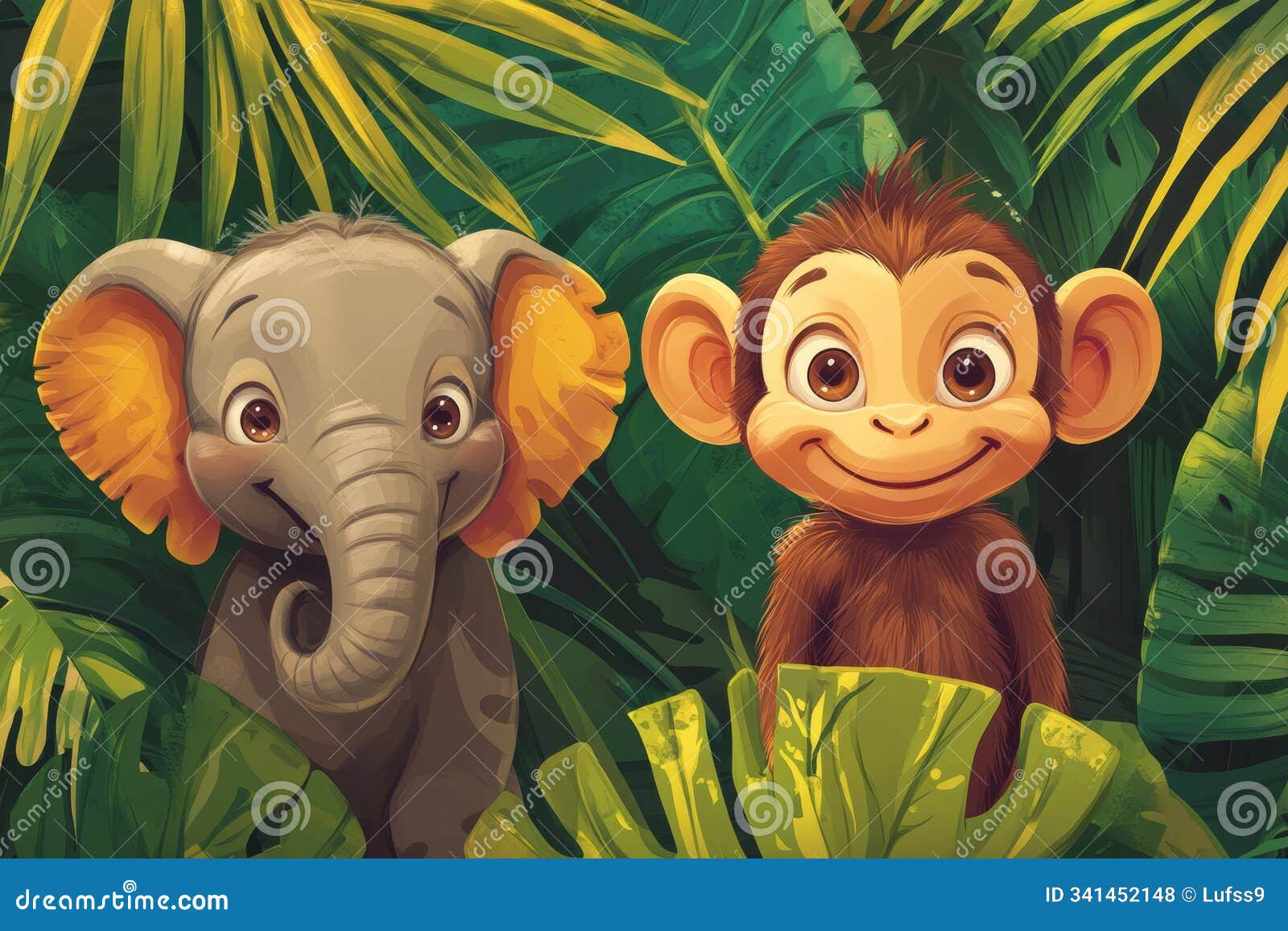 Adorable Cartoon Elephant and Monkey in Vibrant Jungle Setting Stock ...