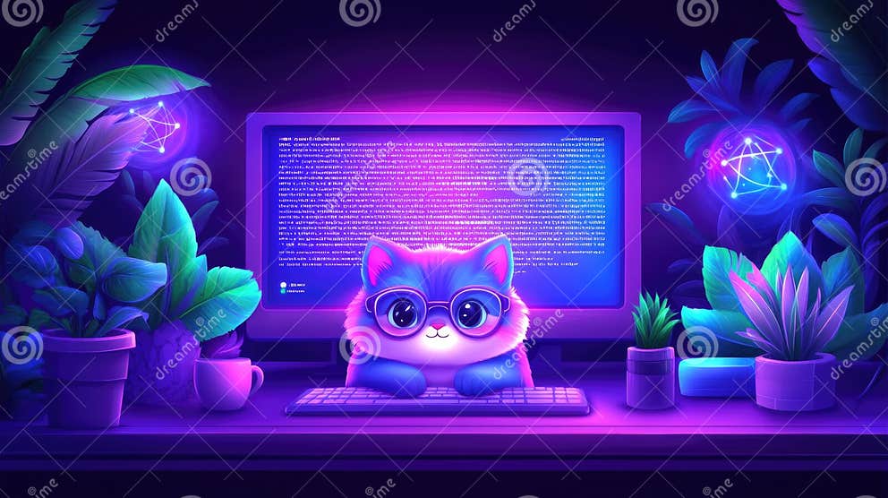 Adorable Cat Coder in Neon Jungle: Embracing Technology with a Touch of ...