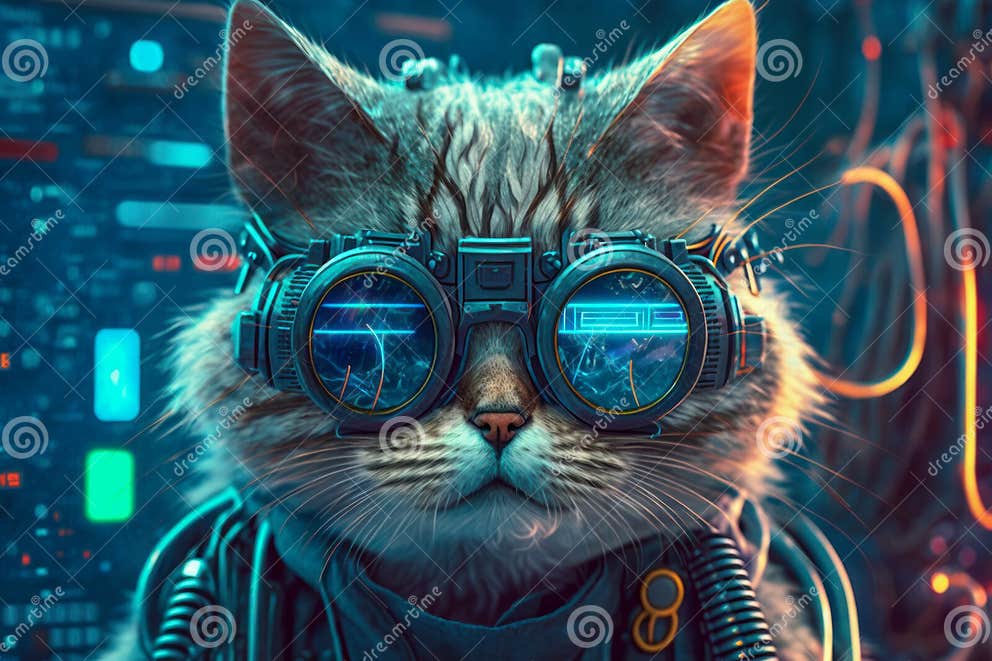 Adorable Cat Cyber Crypto Digital Hacker Coder, in Cyberspace Wearing ...