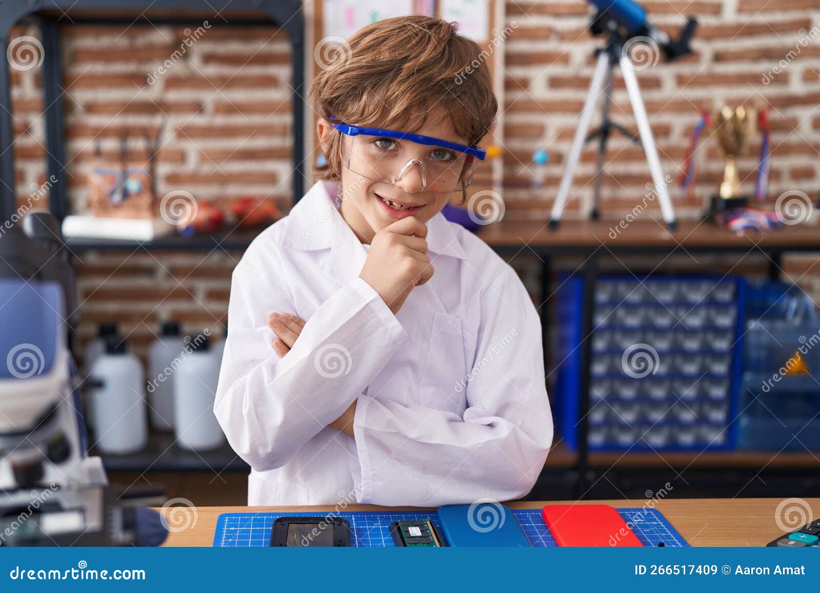 Adorable Caucasian Boy Scientist Smiling Confident at Classroom Stock ...