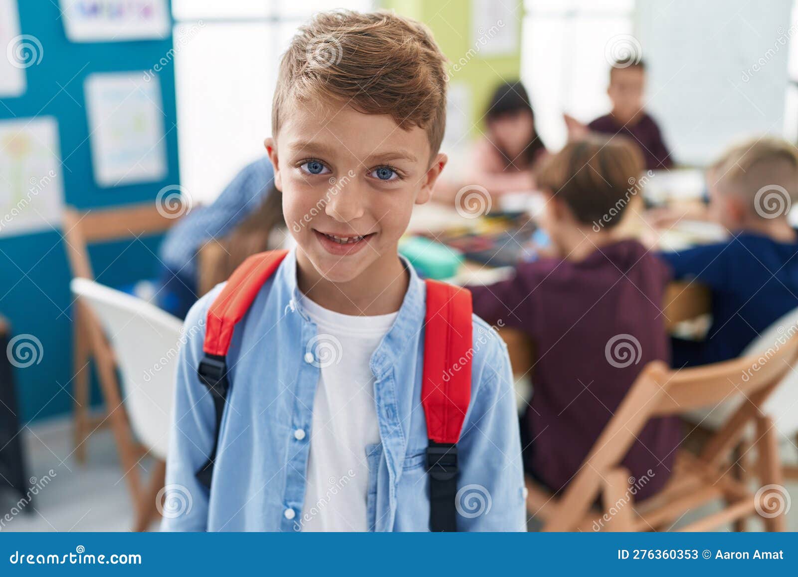 Adorable Caucasian Boy Student Smiling Confident Standing at Classroom ...
