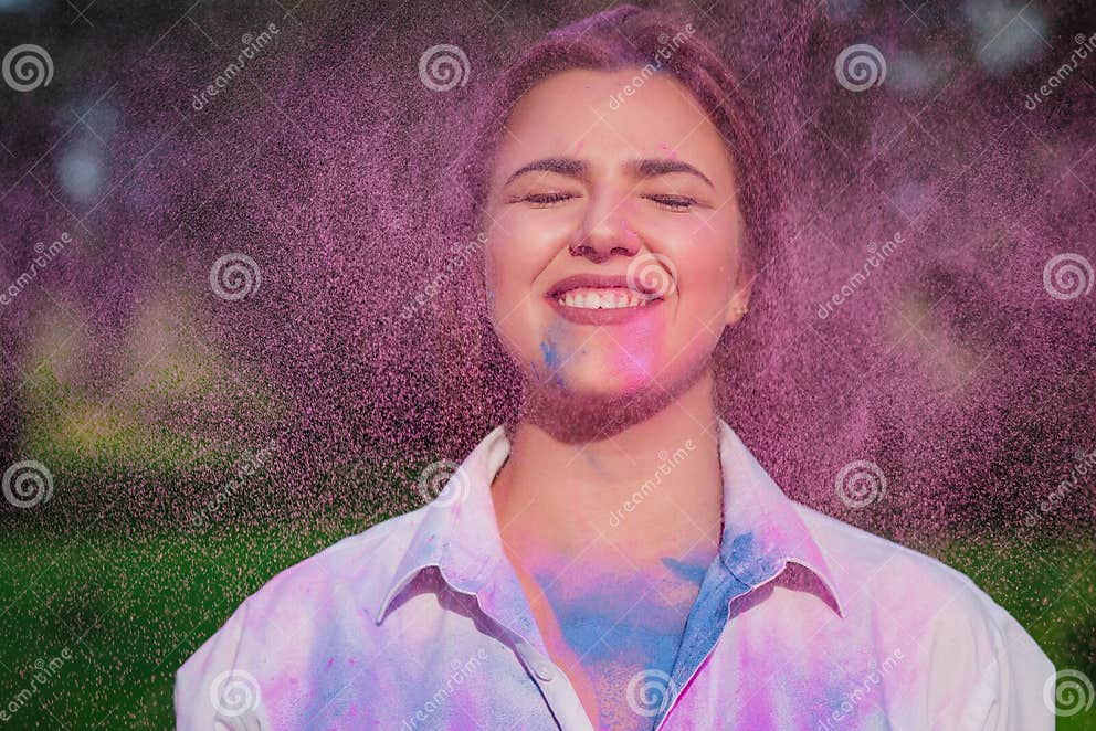 Adorable Caucasian Model Posing with Closed Eyes with Exploding Stock ...