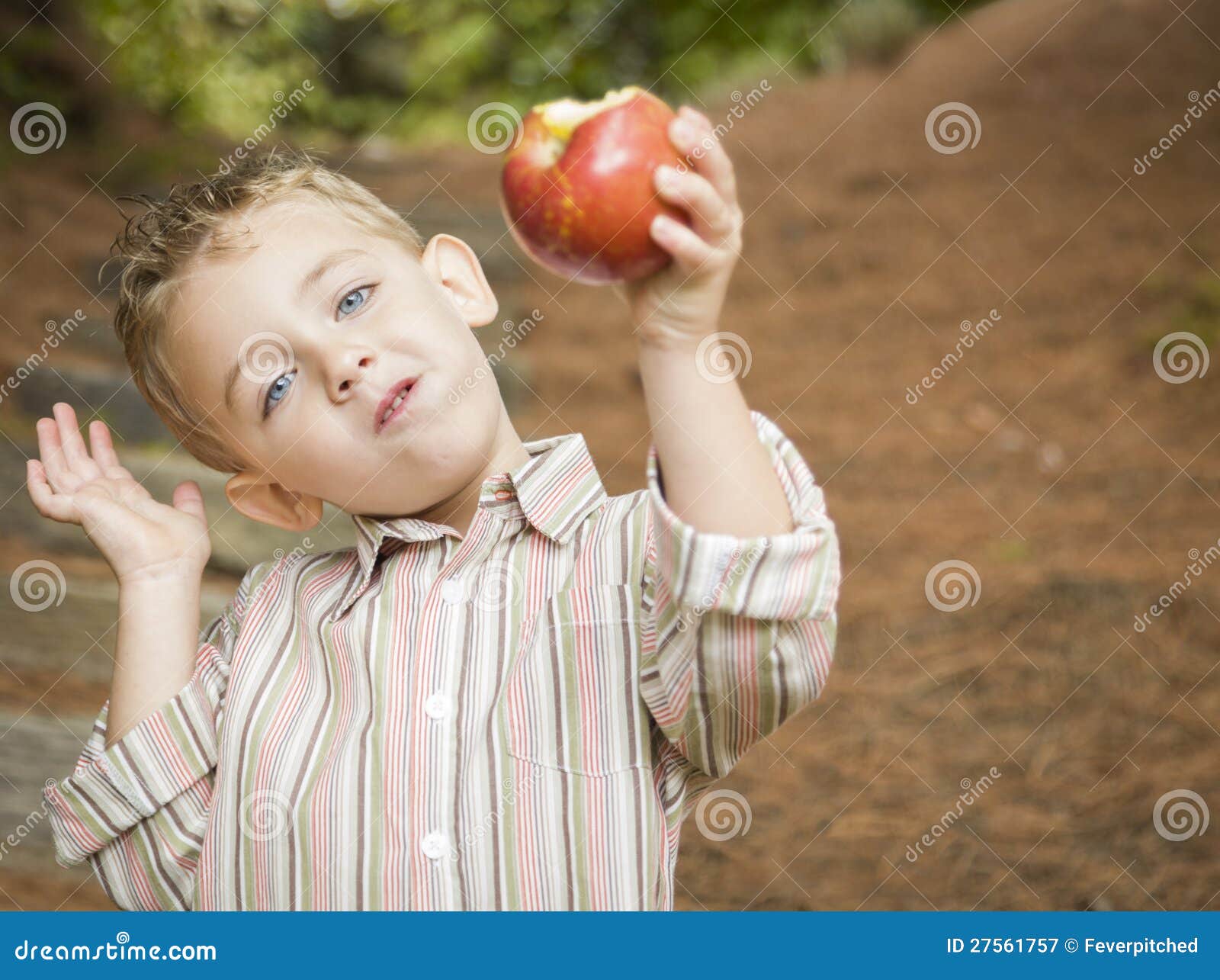 Adorable Child Boy Eating Red Apple Outside Stock Image - Image of ...