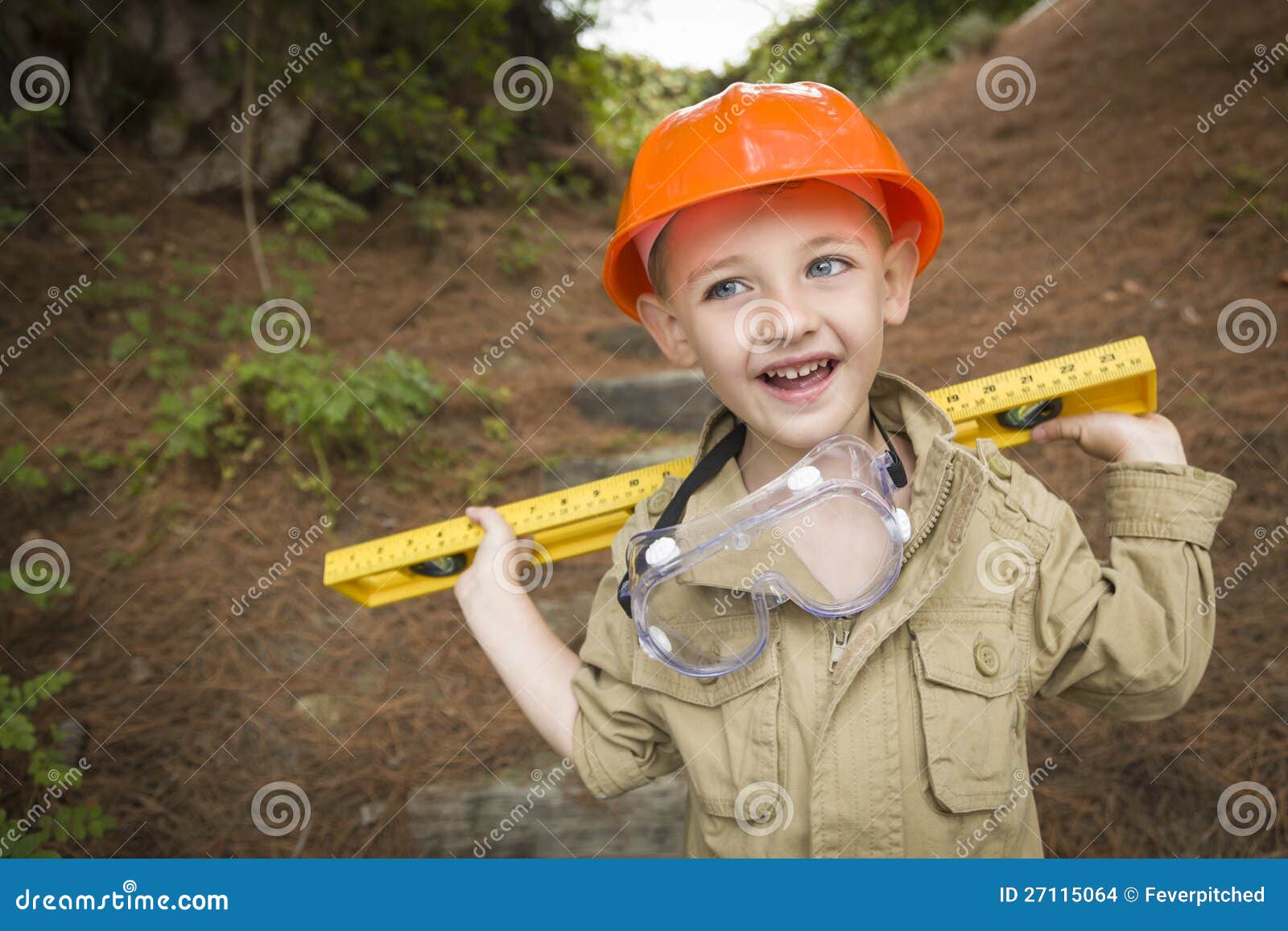 Adorable Child Boy with Level Playing Handyman Outside Stock Photo ...
