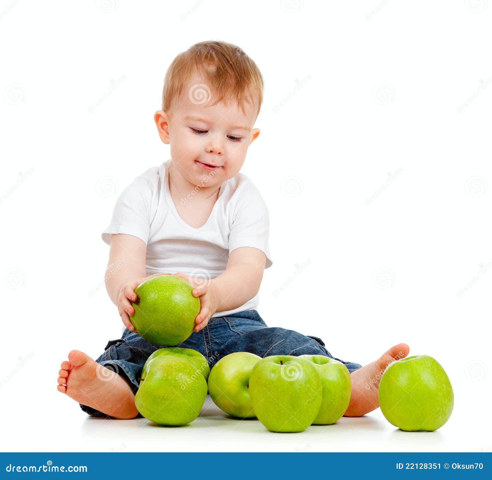 Adorable Child with Green Apples Stock Image - Image of pome, jeans ...
