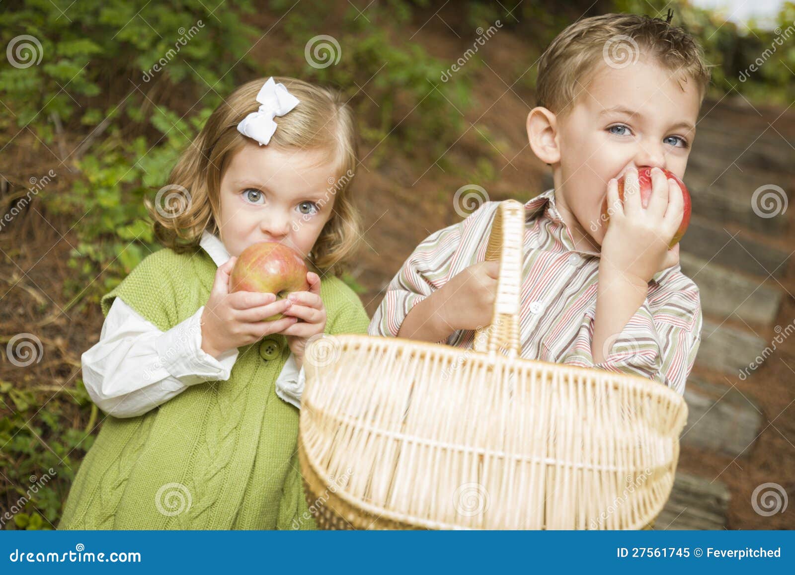 Adorable Children Eating Red Apples Outside Stock Image - Image of ...