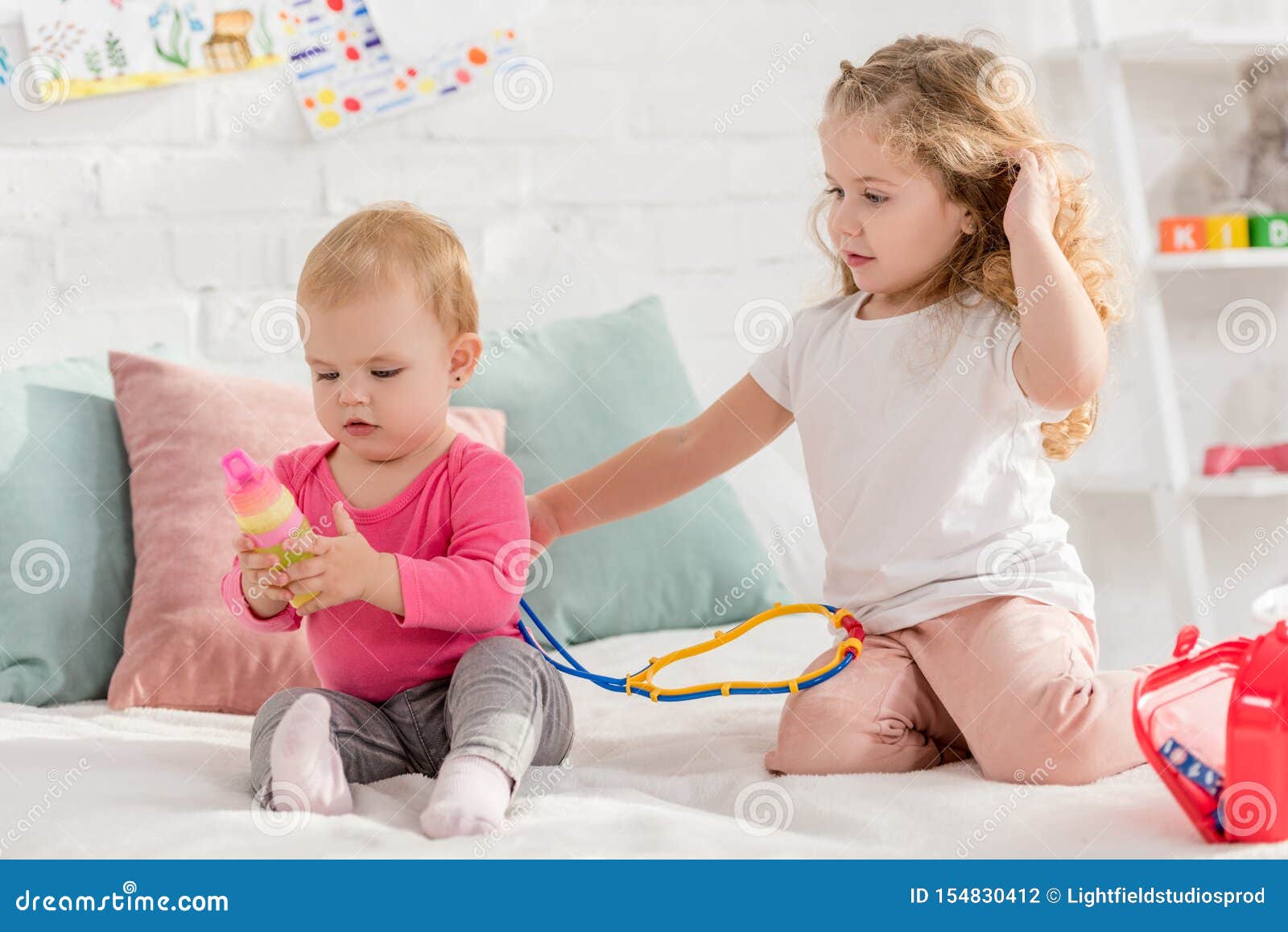 Adorable Children Playing with First Aid Kit Stock Photo - Image of ...
