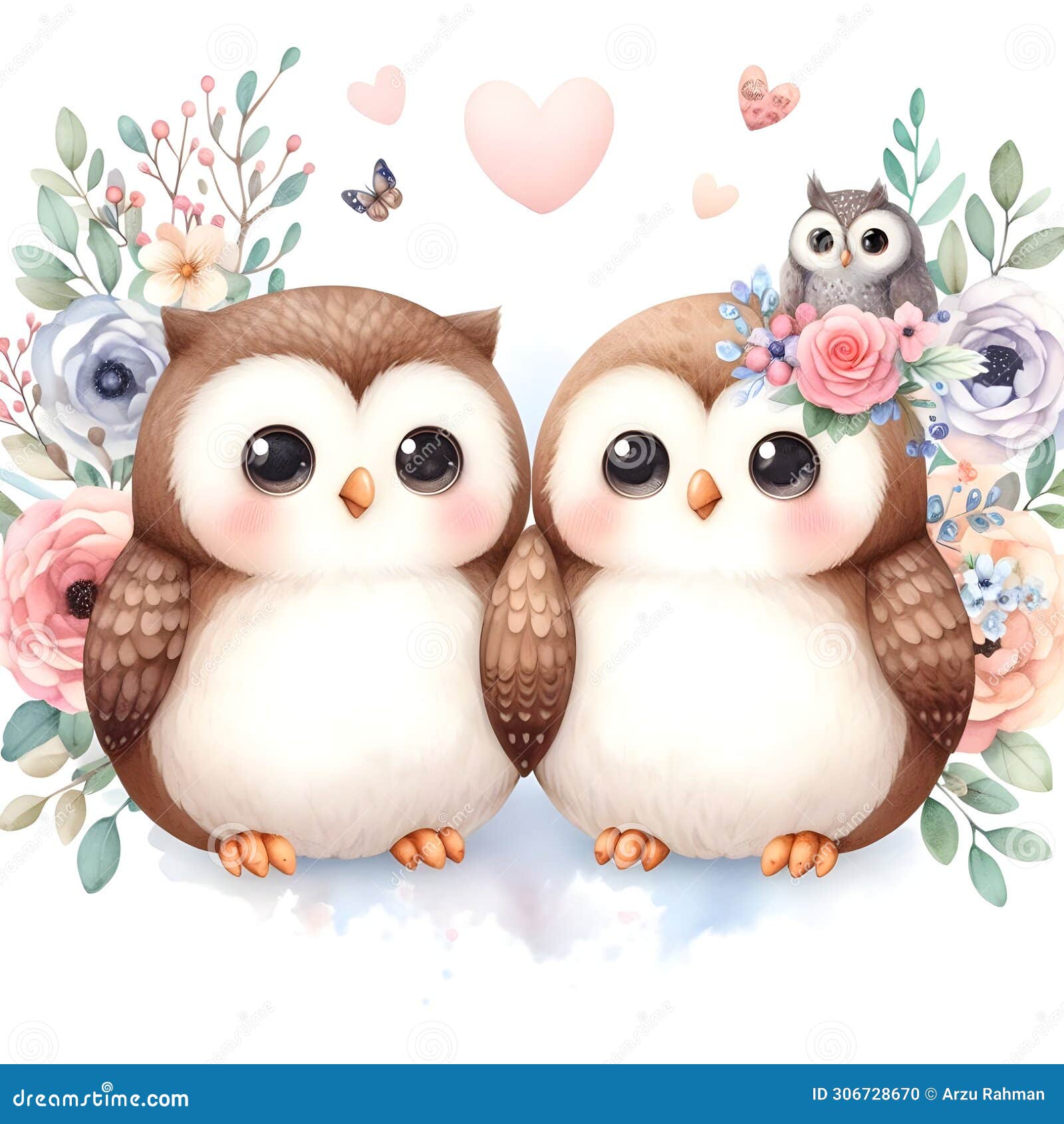Adorable cute owl couple stock illustration. Illustration of flower ...