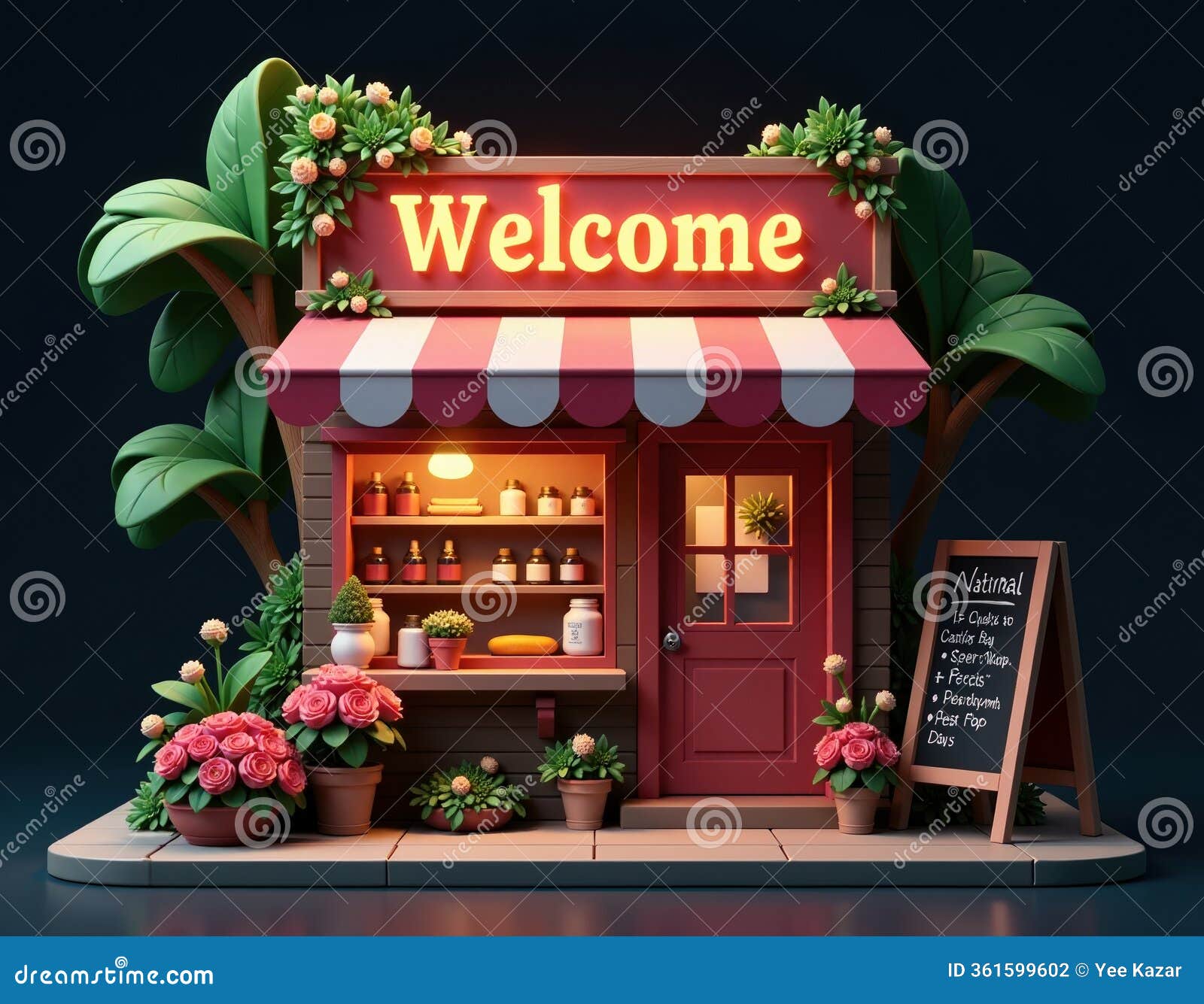 Adorable 3D Render of a Welcome Shop with Flowers and Menu Board Stock ...