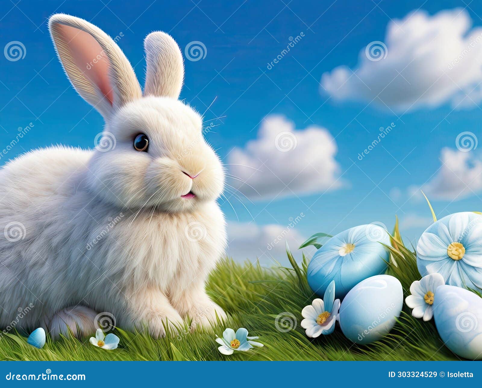 Adorable Dancing Rabbit on the Green Grass with Delicate Flowers Stock ...