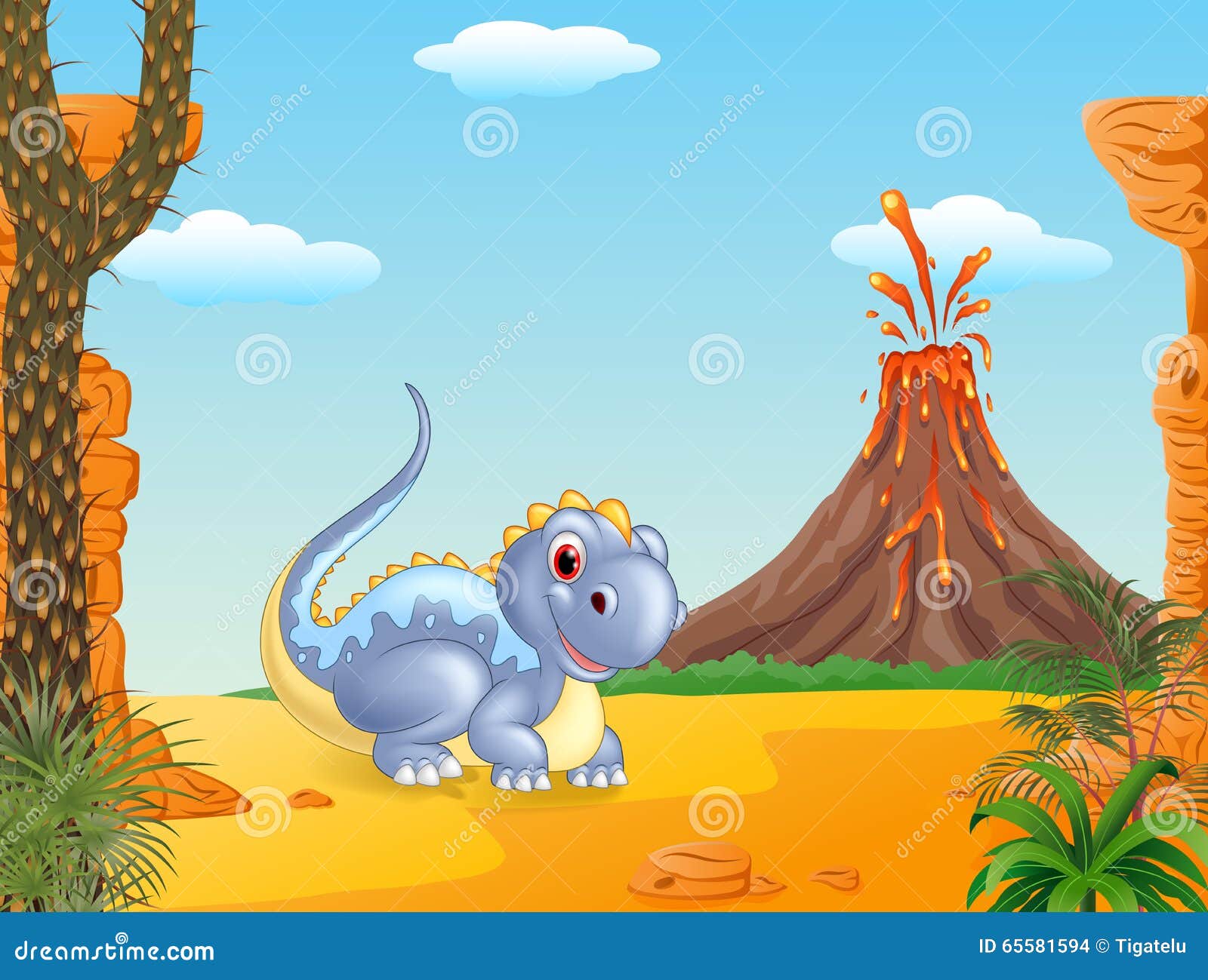 Adorable Dinosaur Sitting with Volcano Background Stock Vector ...