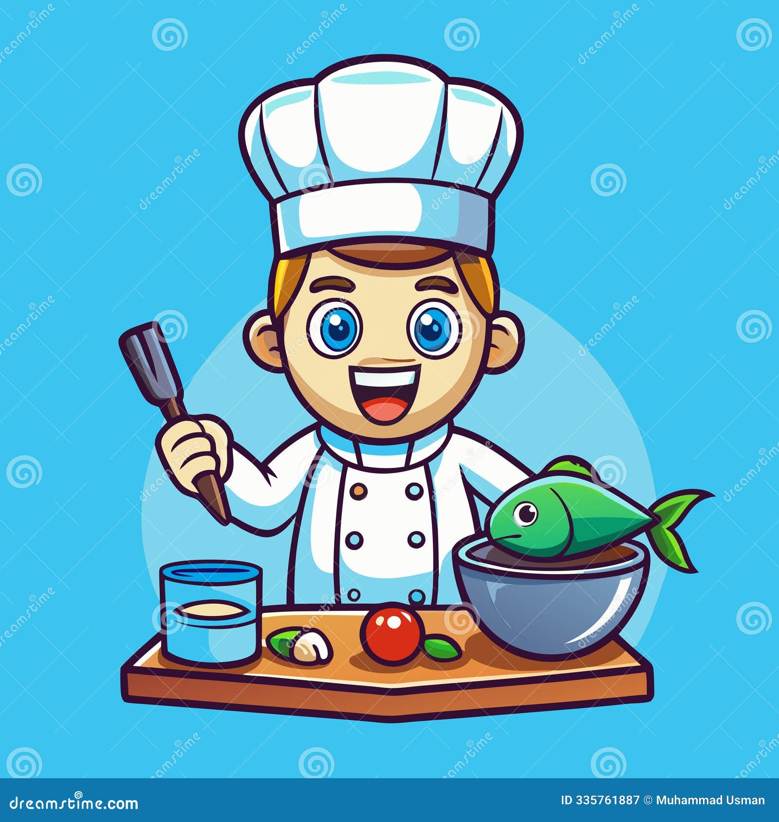 Adorable Diver Chef Cooking Fish in a Playful Cartoon Illustration ...