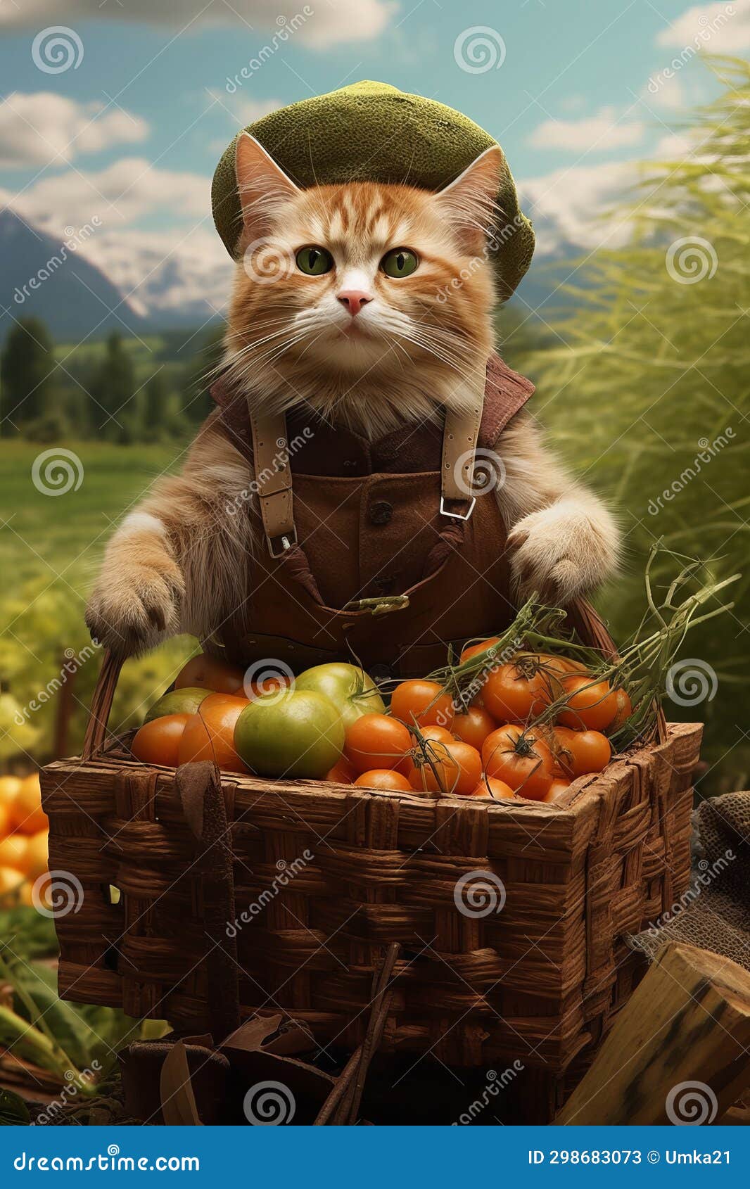 Adorable Farmer Cat in Hat is Standing in the of Garden, with a Wicker ...