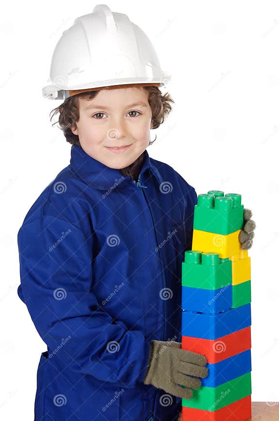 Adorable Future Builder Constructing a Brick Wall with Toy Piece Stock ...