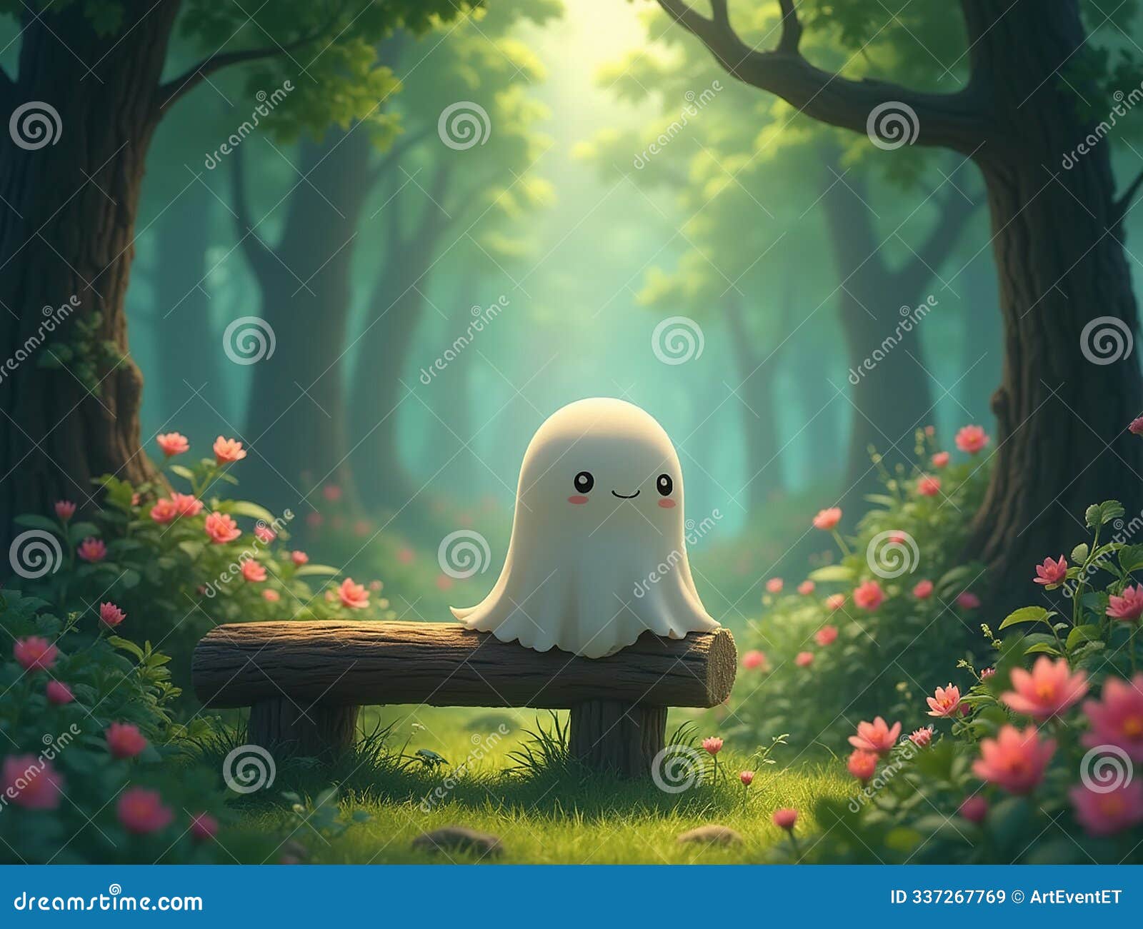 Adorable Ghost Sitting on Rustic Bench in a Lush Enchanted Forest Stock ...
