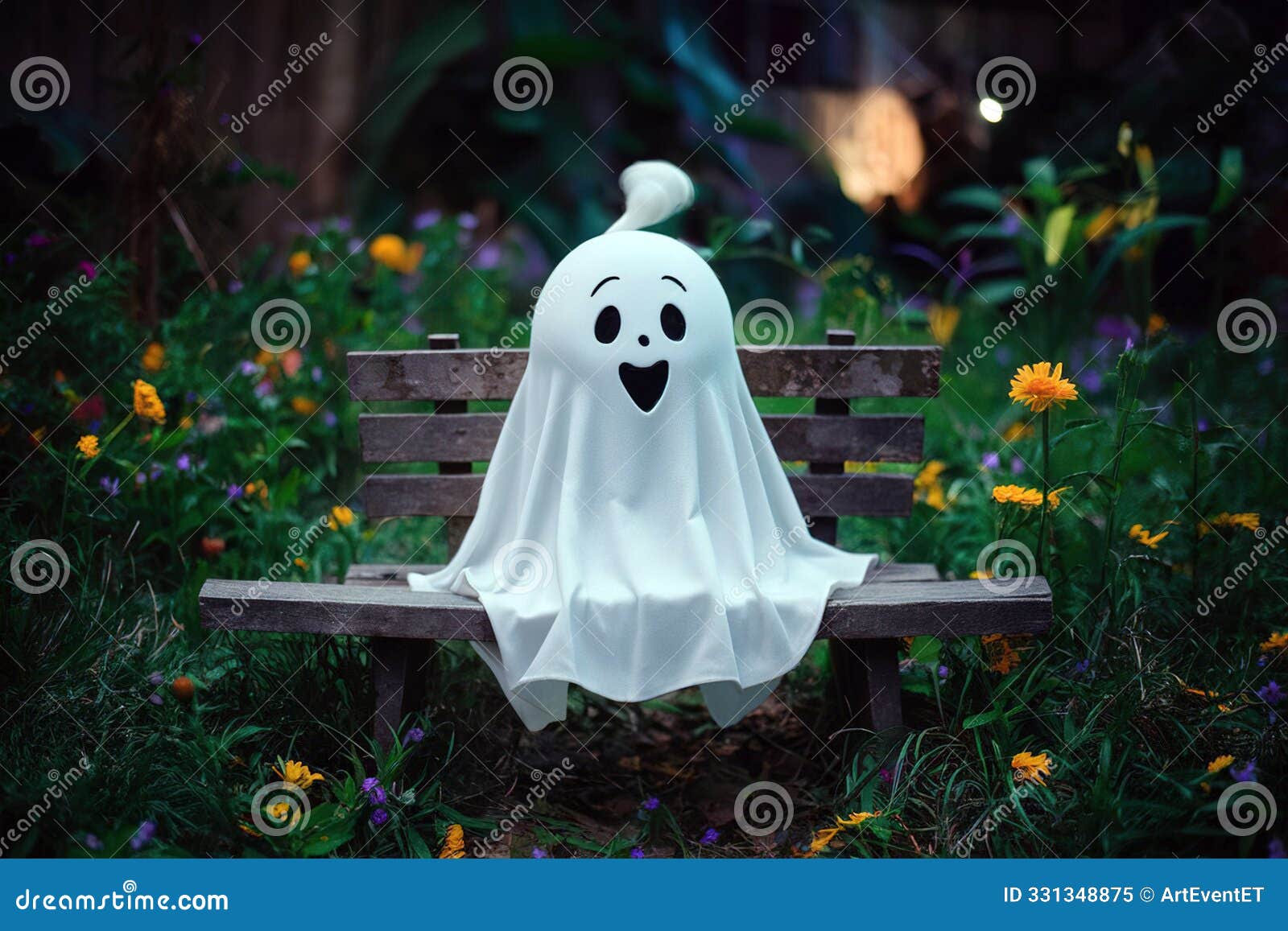 Adorable Ghost Sitting on Rustic Bench in Lush Enchanted Forest Stock ...