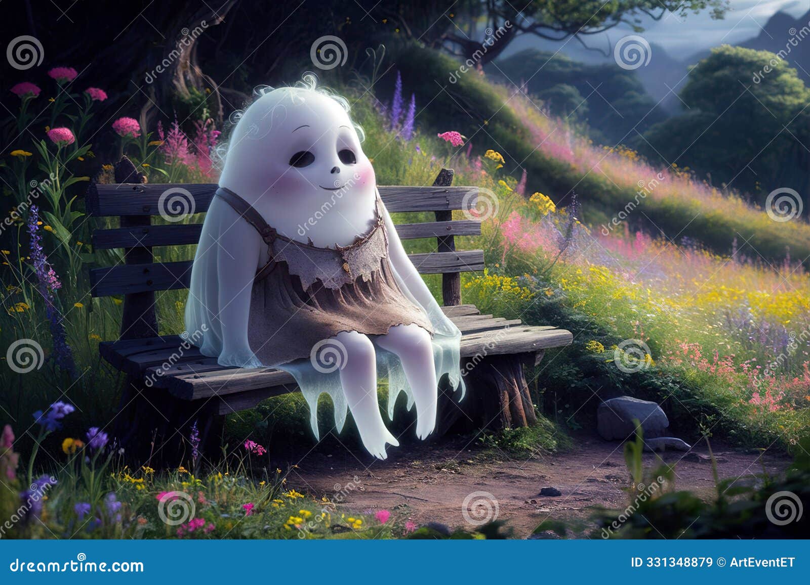 Adorable Ghost Sitting on Rustic Bench in Lush Enchanted Forest Stock ...