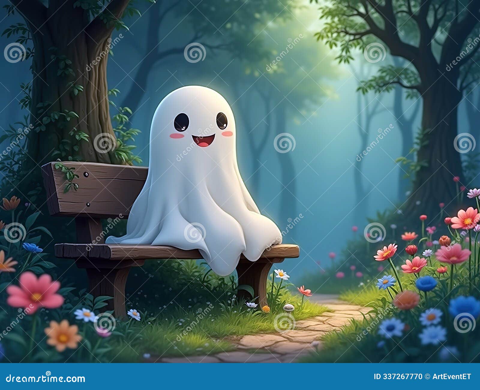 Adorable Ghost Sitting on Rustic Bench in Lush Enchanted Forest Stock ...