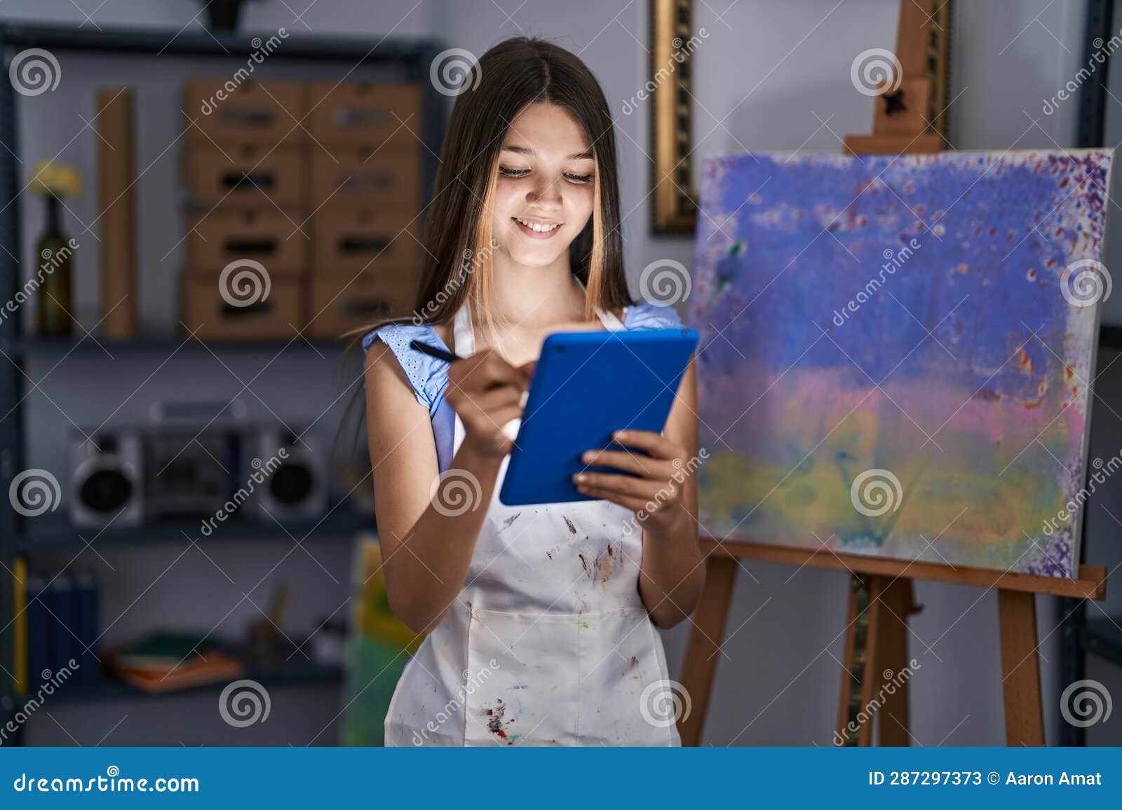 Adorable Girl Artist Using Touchpad Drawing at Art Studio Stock Image ...
